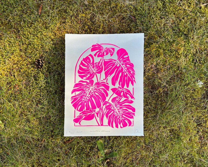 Pink Monstera Deliciosa Linocut Print Thyme & Space Design - Etsy
