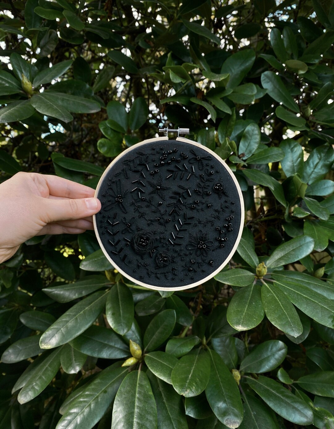 Black Beaded Flowers Handmade Embroidery Hoop Art Thyme & Space Design ...