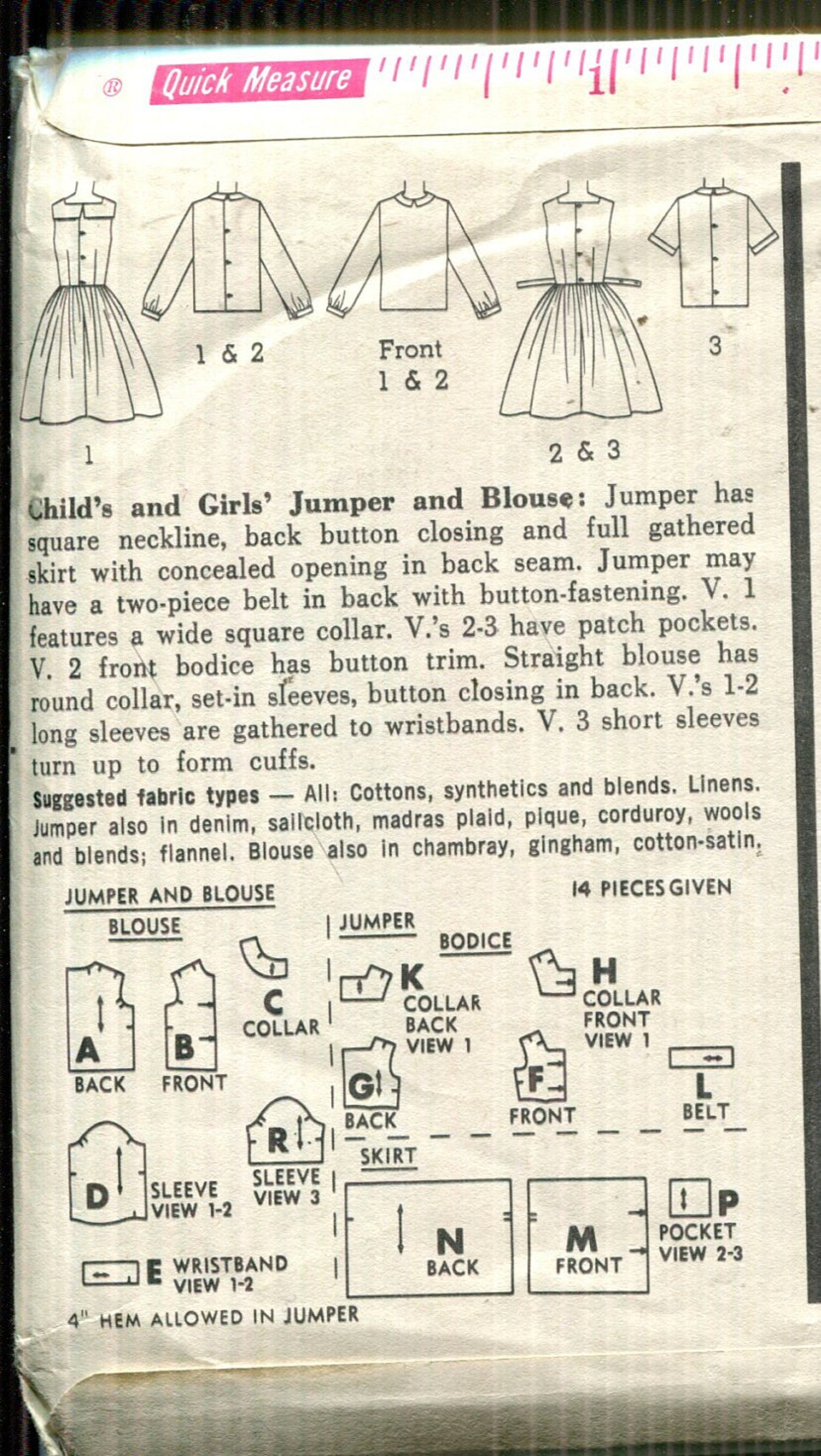 Original Pattern Girls Jumper & Blouse, Full Skirt Square Neckline Cut ...