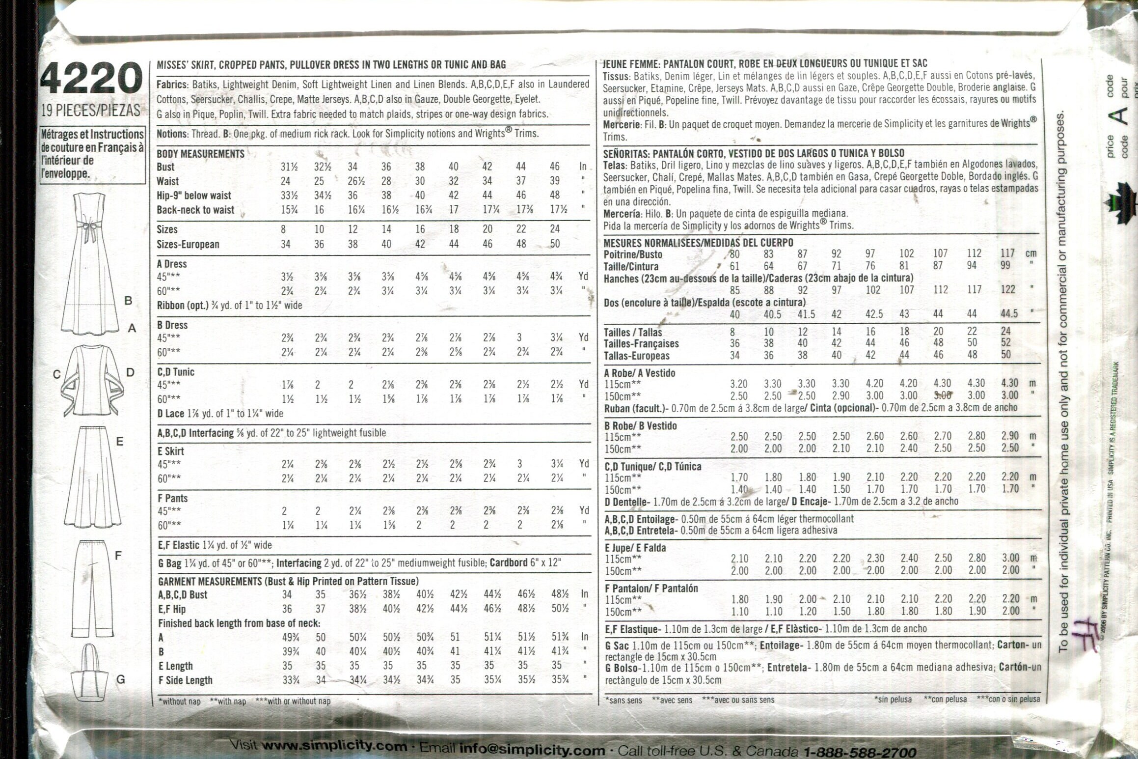 Pattern Misses' Skirt, Cropped Pants, Pullover Dress in Two Lengths or ...