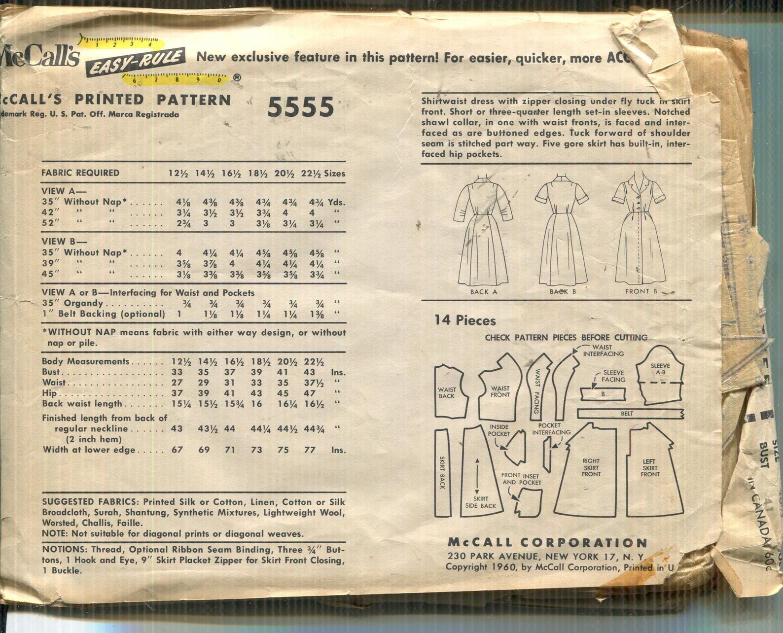 Shirtwaist Dress Size 20 1\2 Vintage Style Notched Shawl Collar Zipper ...