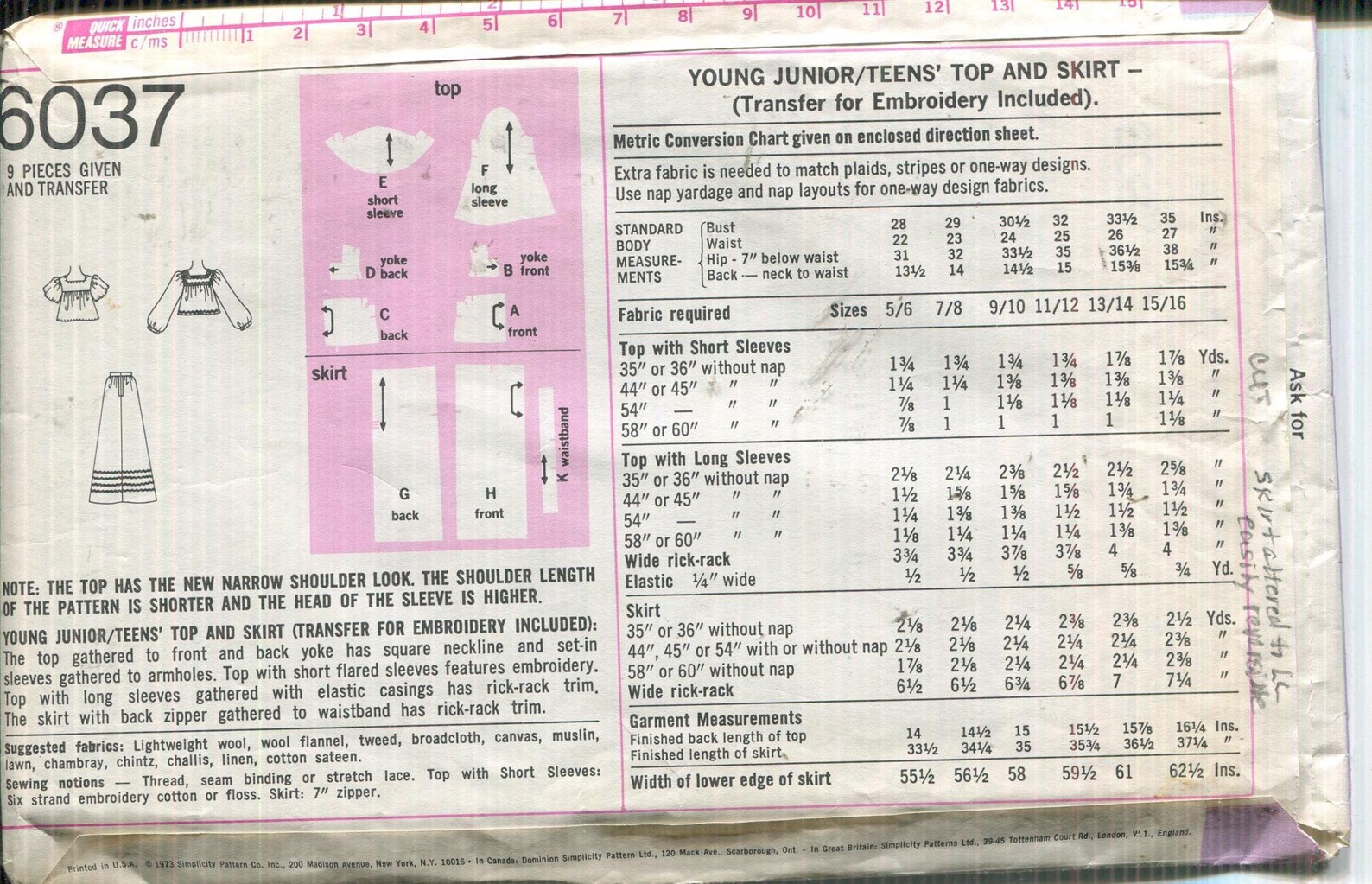 Vintage Simplicity 6037 Sewing Pattern Young Teen Girl Top & Skirt Size ...