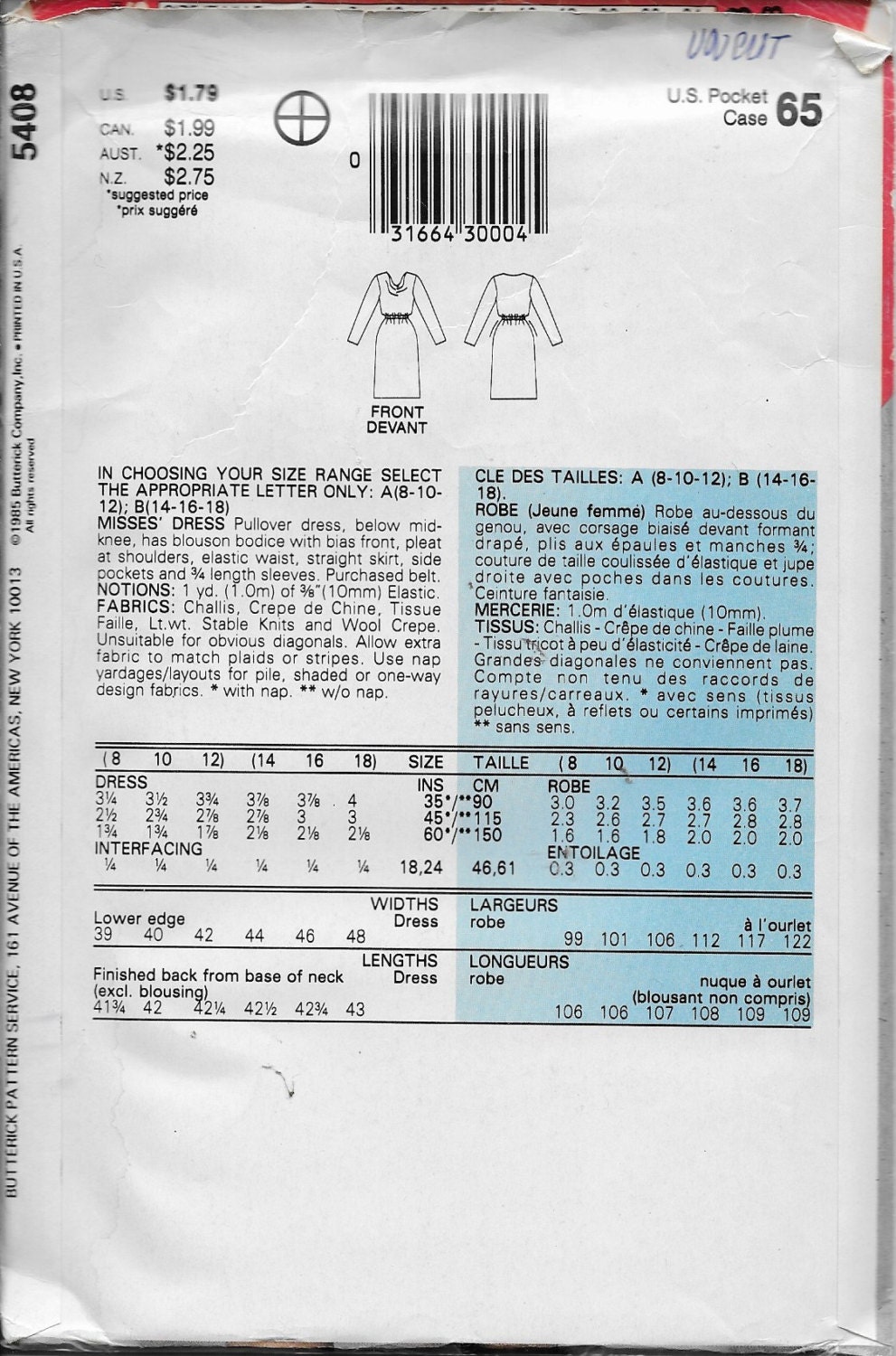 Pattern Misses' Dress Pullover Dress, Under Mid Knee, UNCUT/FF ...