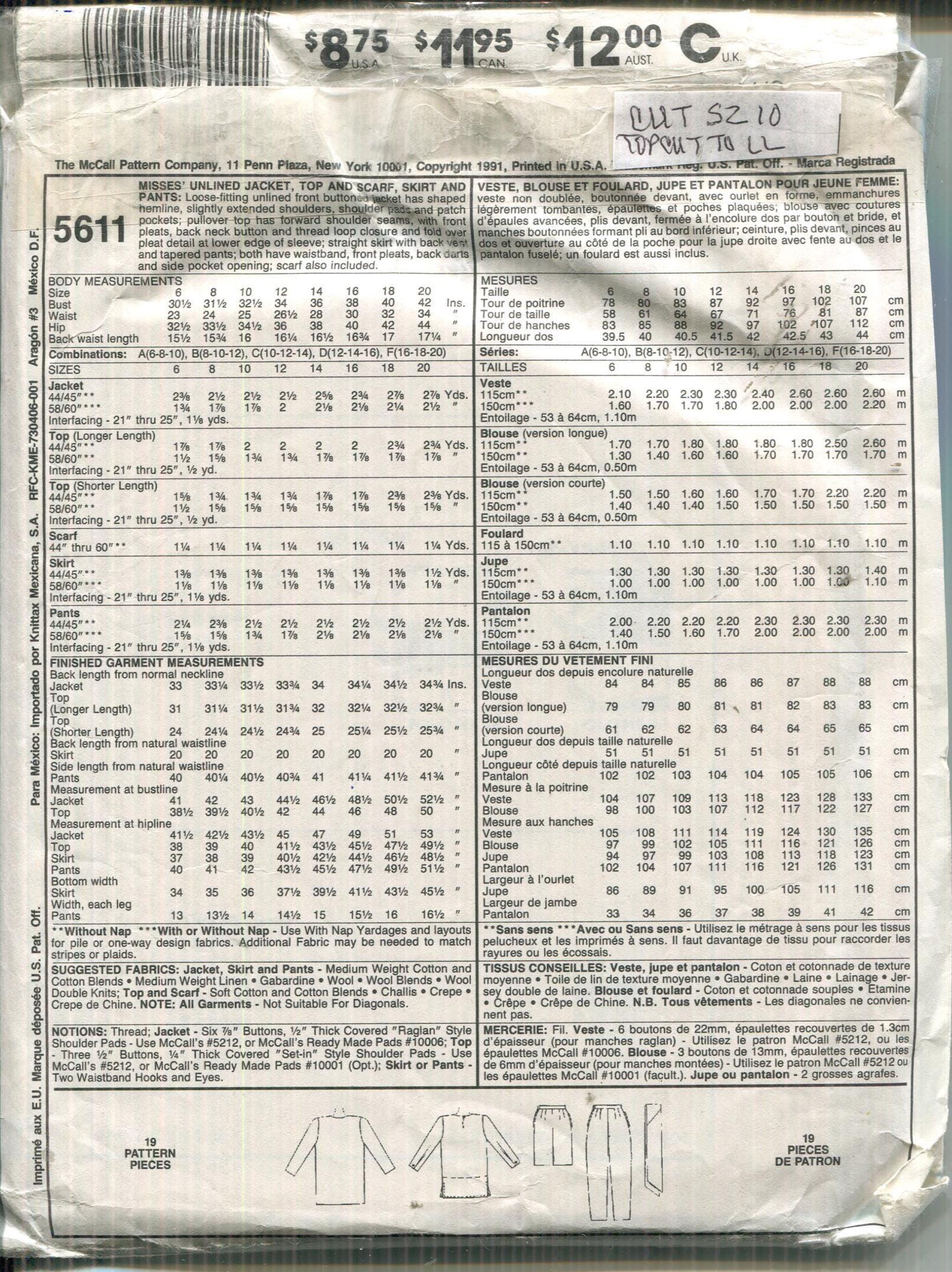 Misses Unlined Jacket Sewing Pattern Mccalls 5611 Pullover Top Scarf ...