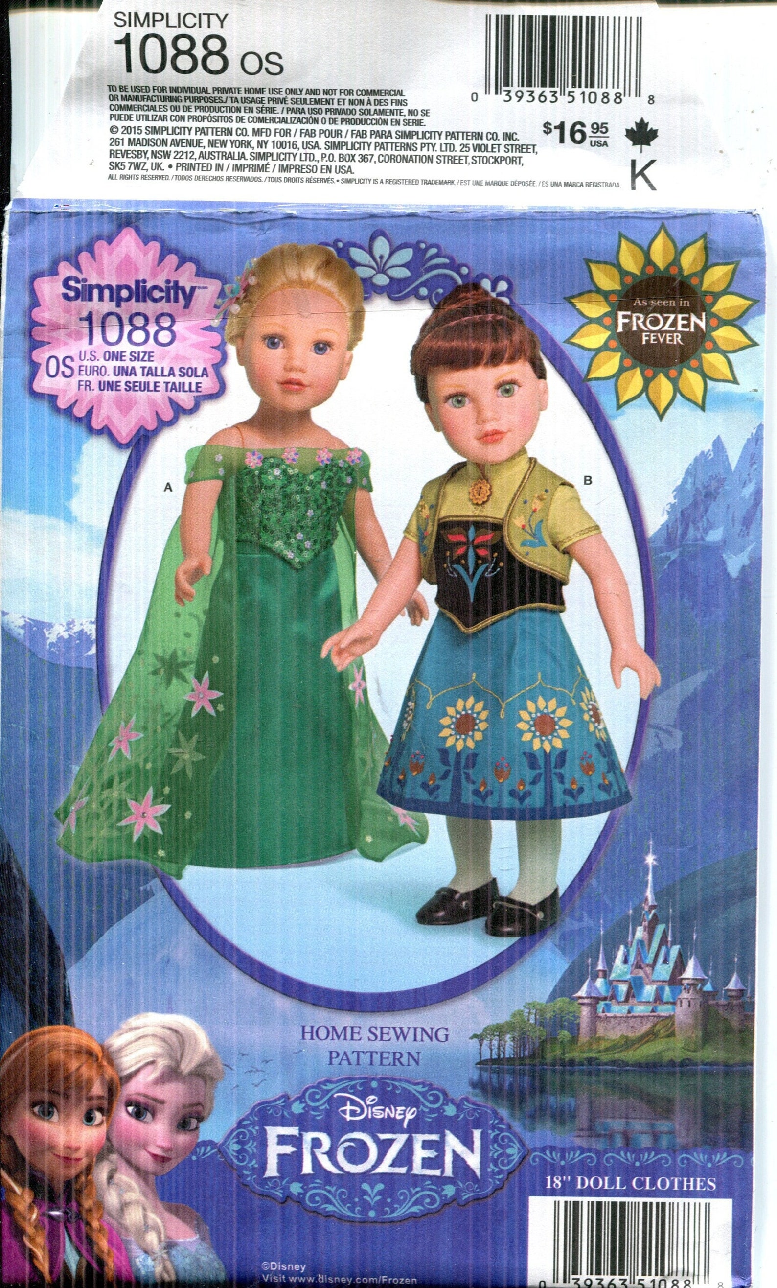 Pattern 18 Girl Doll Clothes Frozen Costumes american Doll UNCUT ...