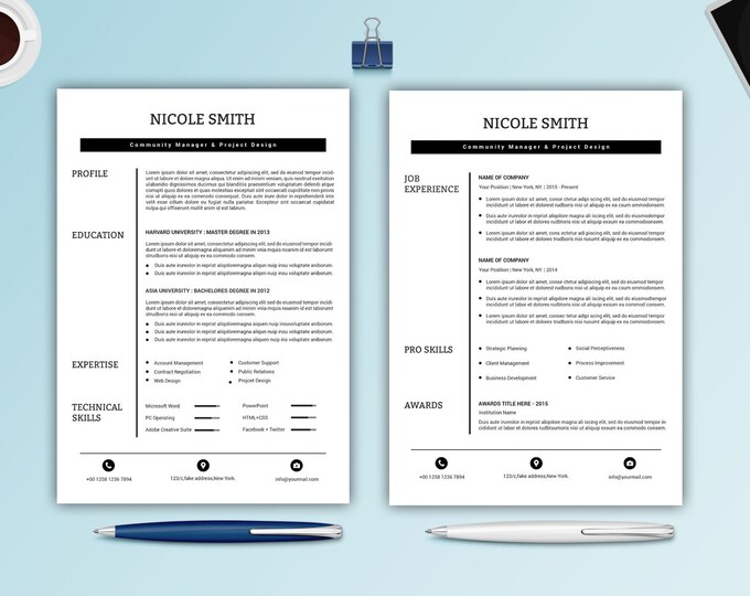 Resume Template, One Page & Two Page Versions, CV Template, CV Design ...