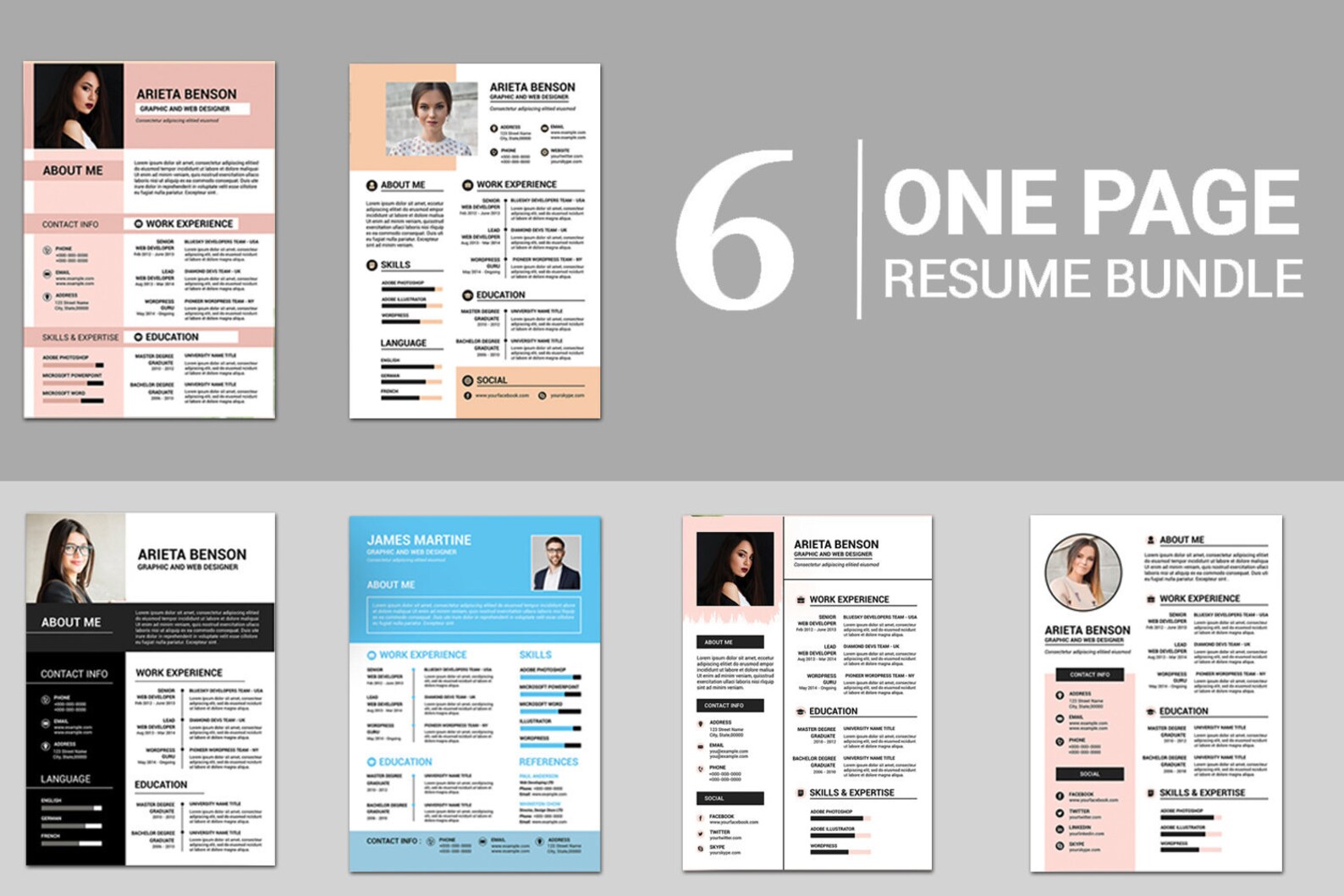 One Page Resume, 6 Minimal Simple Resume Bundle , Clean Resume Template ...