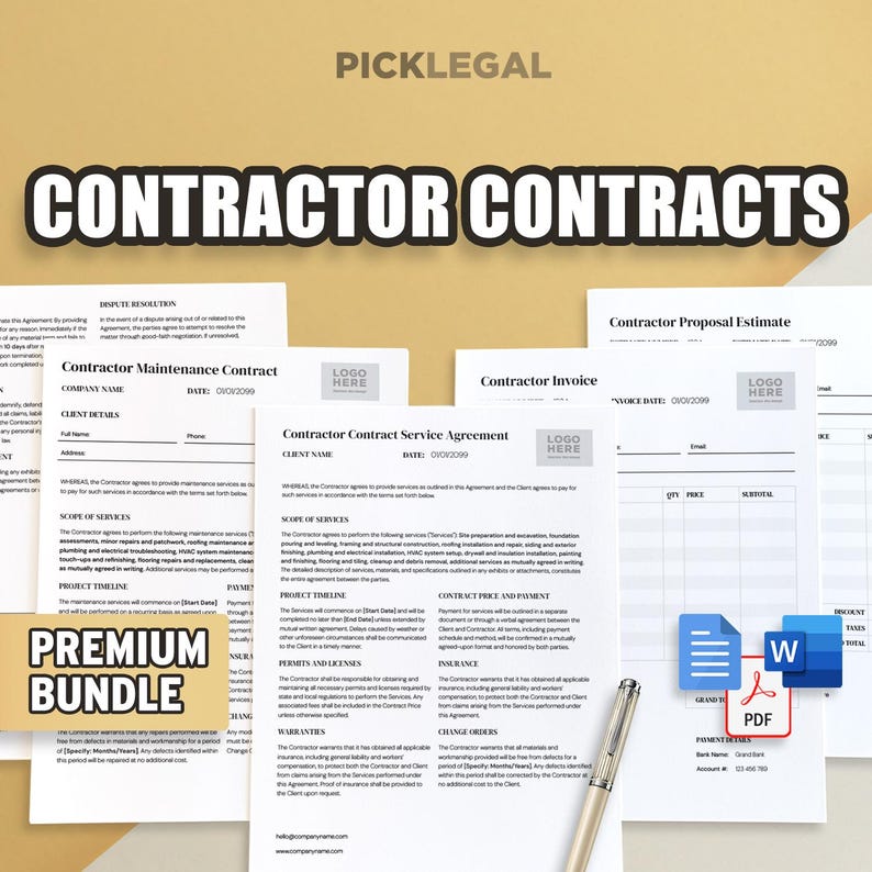 Contractor Contract Service Agreement Bundle | Contract, Maintenance, Invoice, Estimate ...