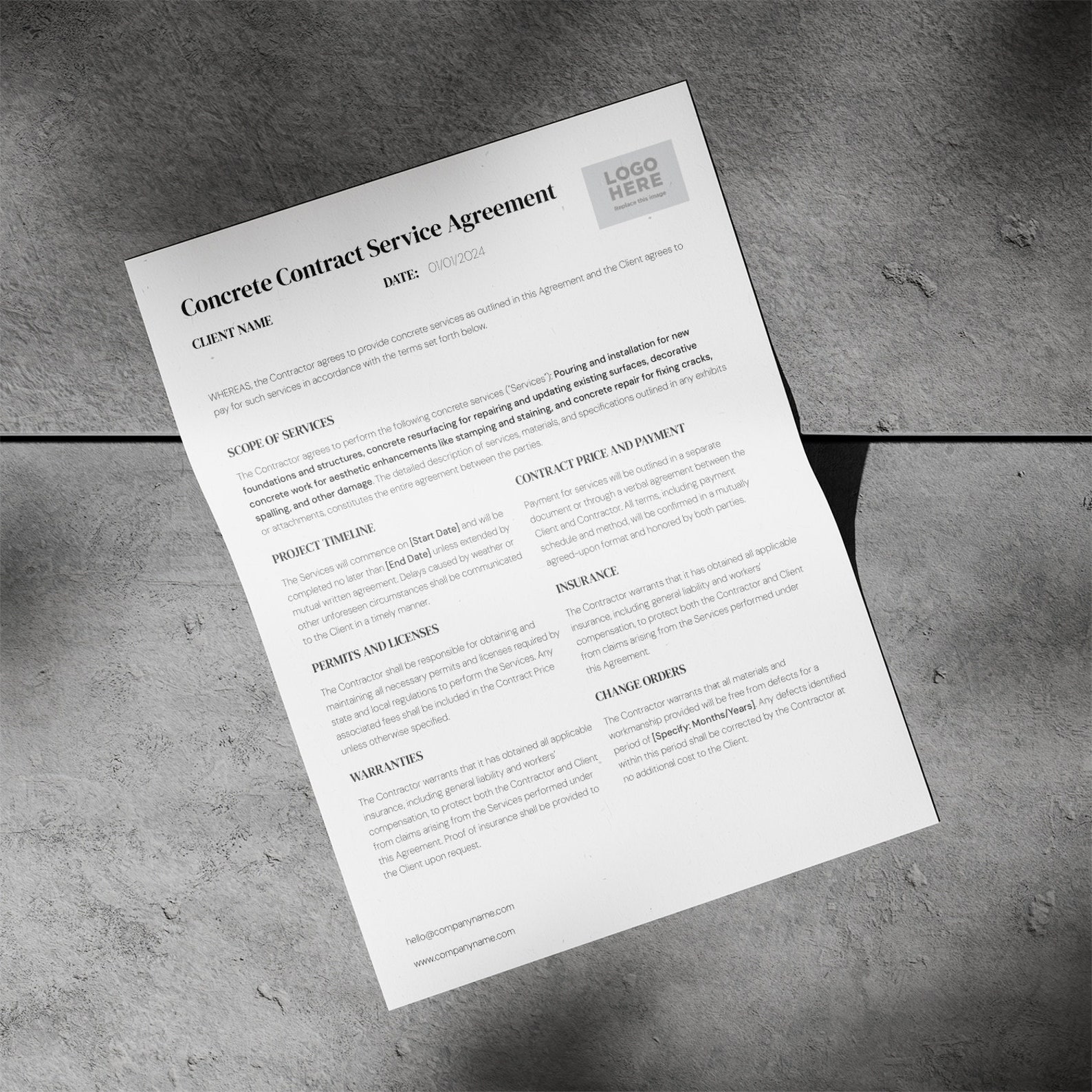 Concrete Paving Service Agreement Bundle | Contract, Maintenance, Invoice, Estimate ...