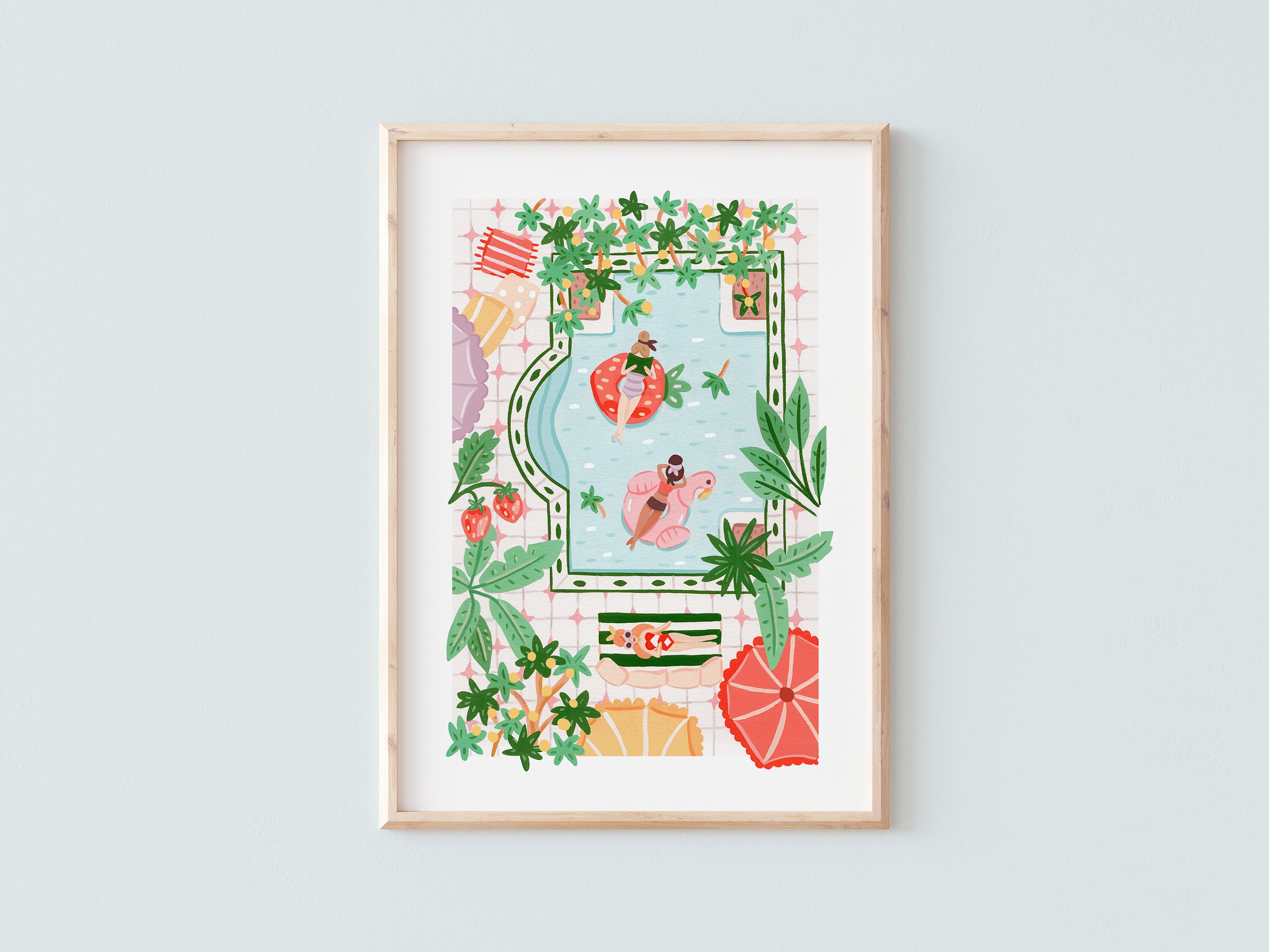 Strawberry Pool Summer Illustration Giclèe Art Print - Etsy