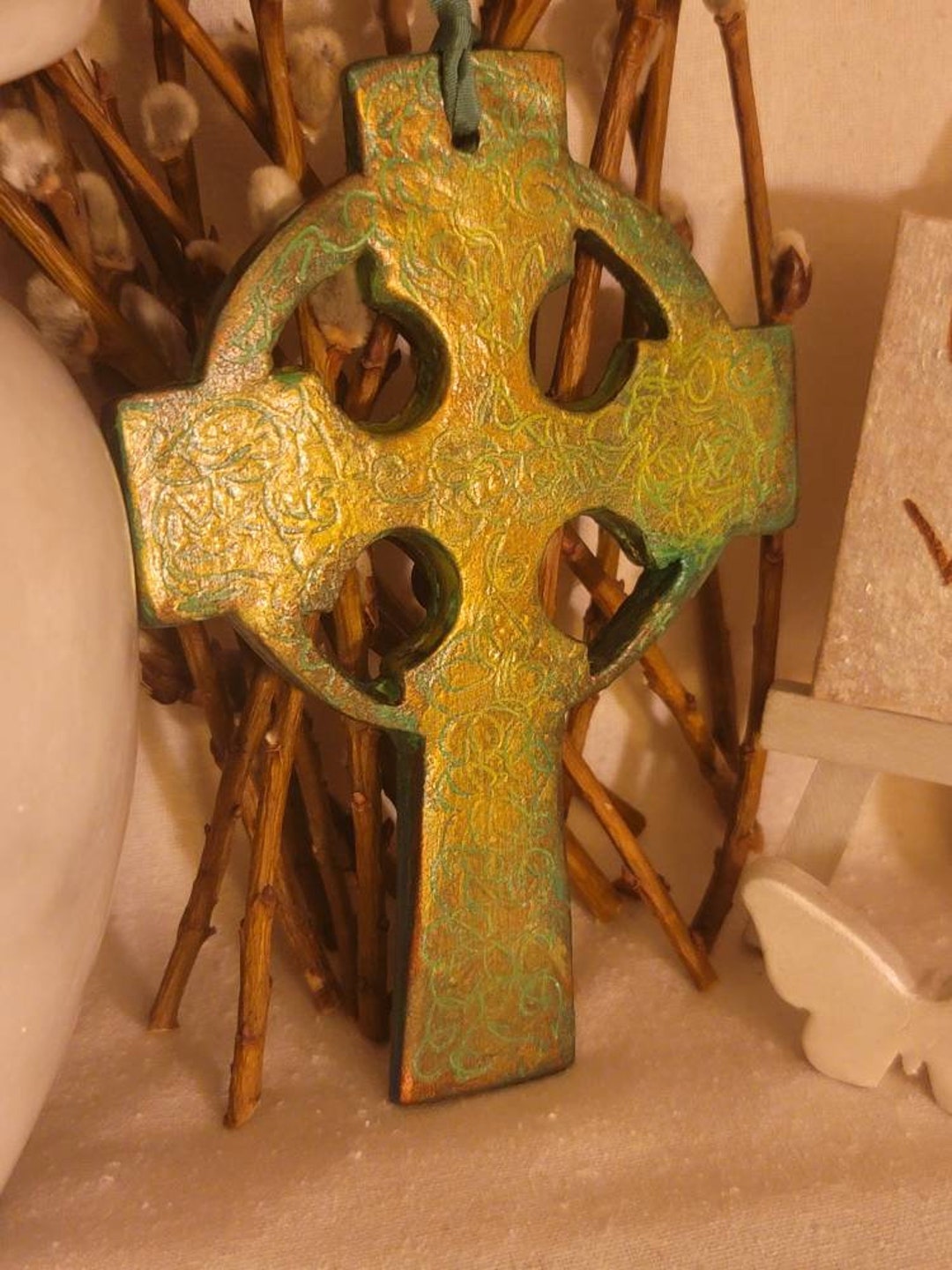 Natural Ceramic Clay Celtic Cross Green and Gold. Item Shown - Etsy