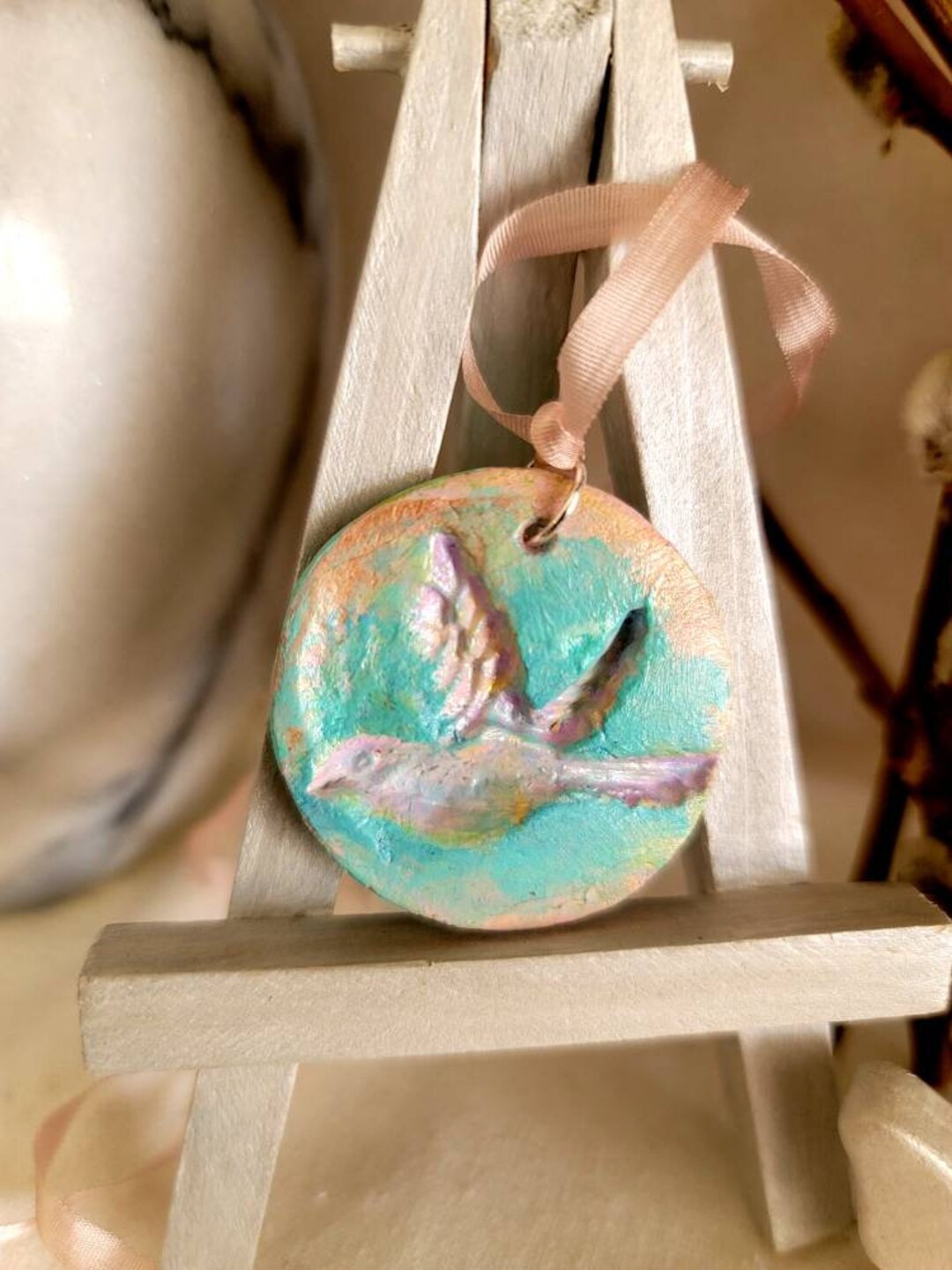Natural Ceramic Clay Dove in Flight Pastel Pendant Necklace. One of a ...