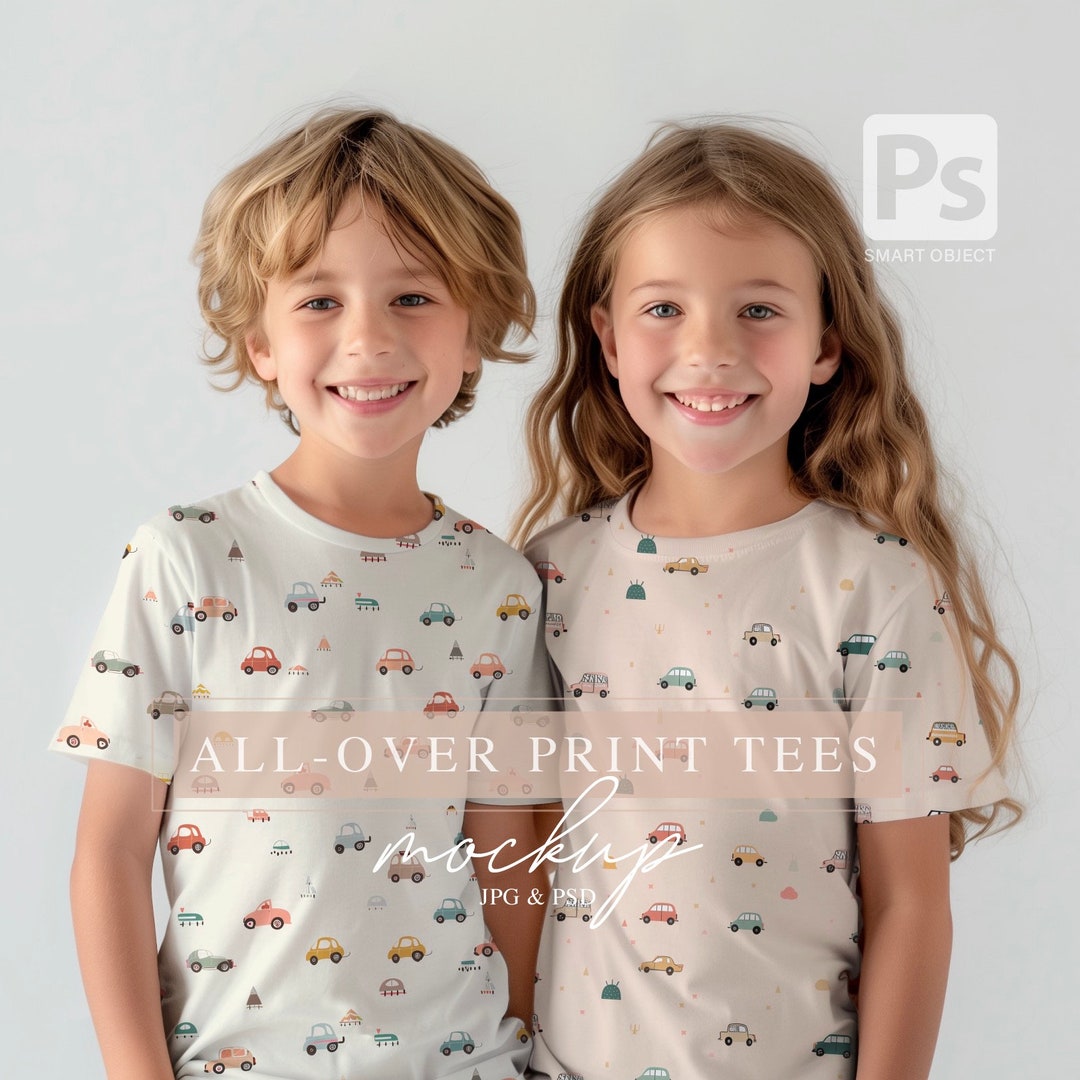 All-over Print Kids T-shirt Mockup, Sibling Outfit Template (PSD & JPG ...