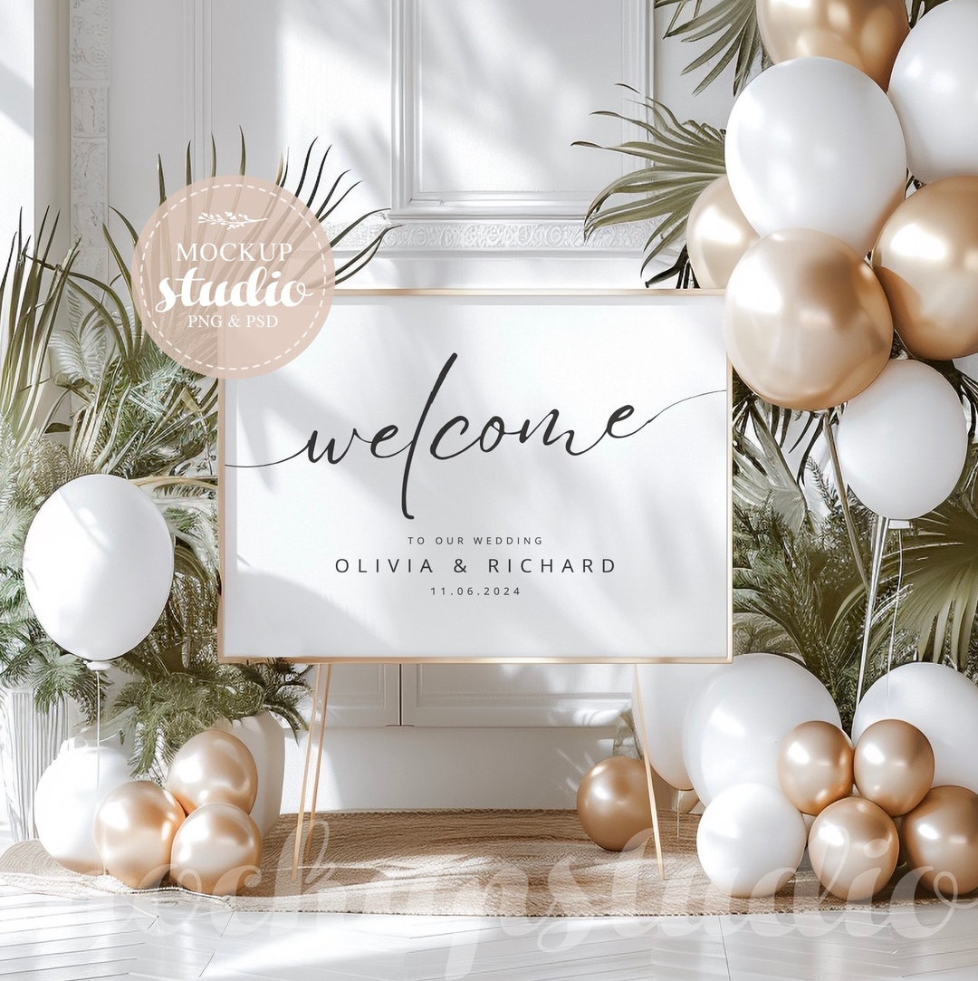 Elegant Welcome Sign Mockup, Neutral Tones and Balloon Decor (digital ...