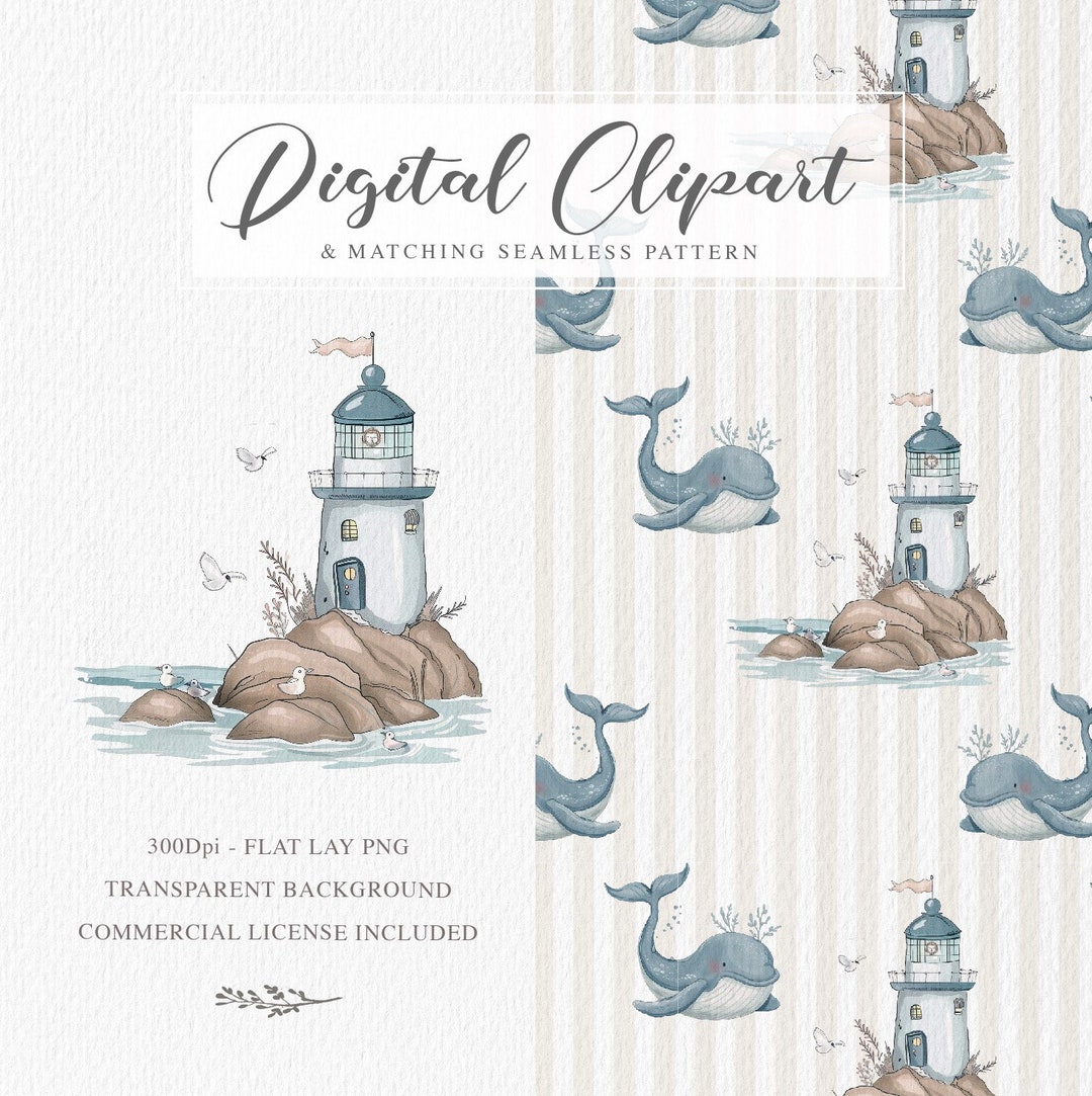 Nautical Lighthouse Clipart and Seamless Pattern, Kids Room Decor ...