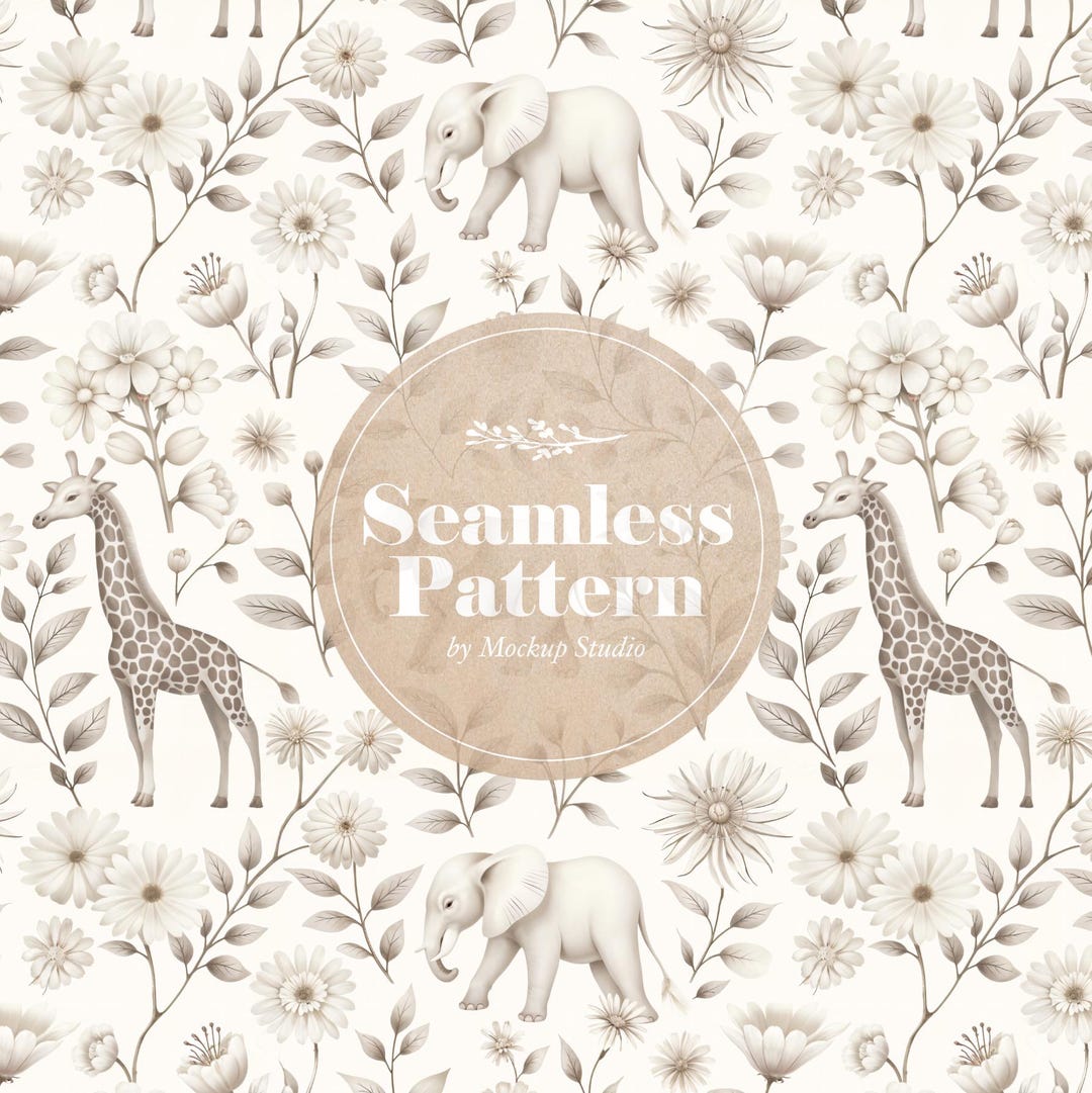 Vintage Safari Animals Seamless Pattern, Monochrome Giraffe Elephant ...