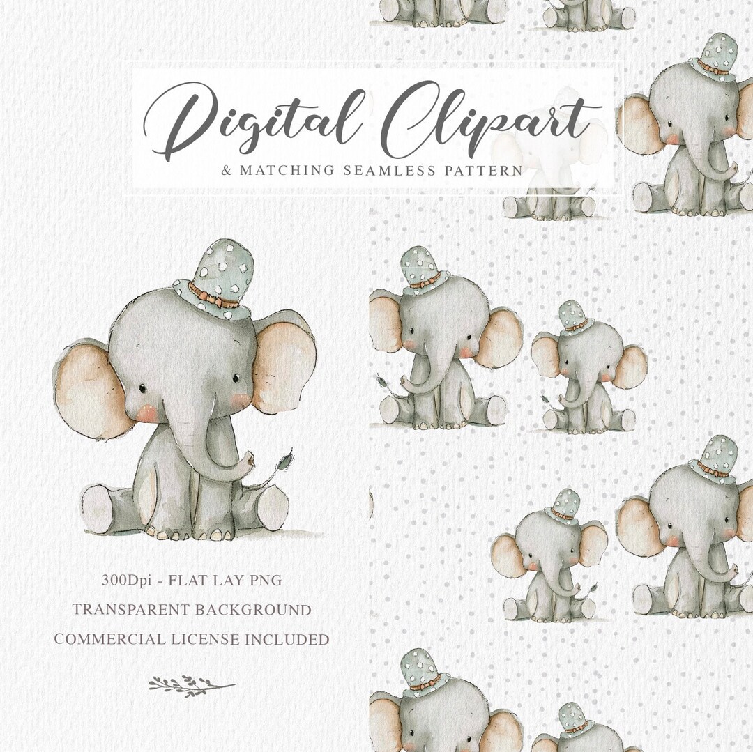 Cute Baby Elephant Digital Clipart, Seamless Pattern Children Design ...