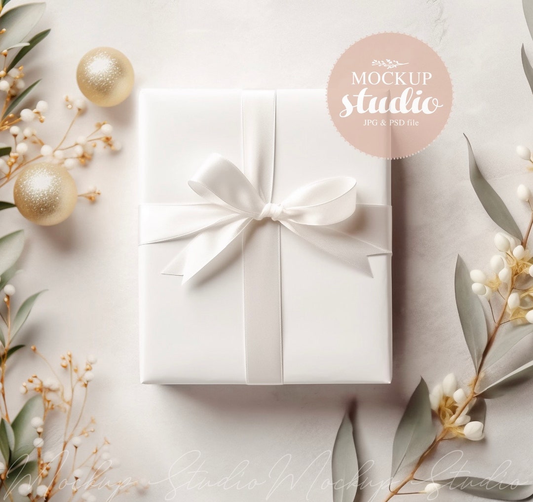 Christmas Wrapping Paper Mock-up, Gift Box With White Ribbon Mock-up ...
