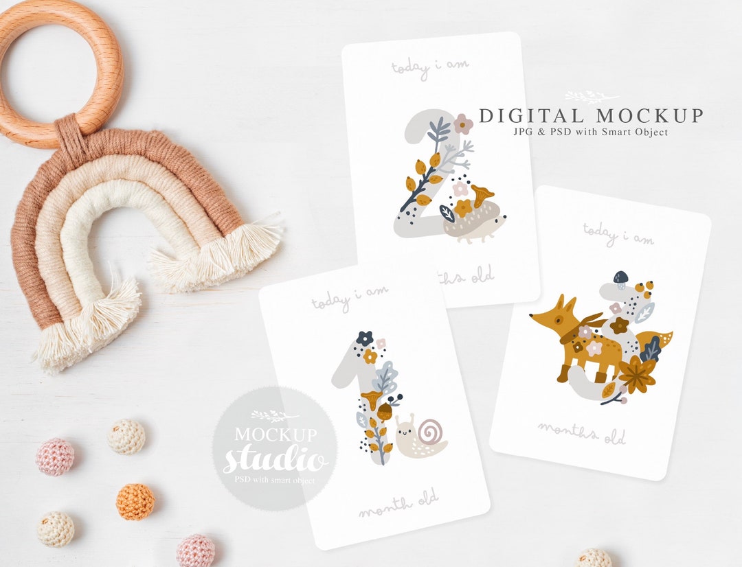 Baby Milestone Cards Mockup, Baby Mockup Boho, PSD Smart Object Cards ...