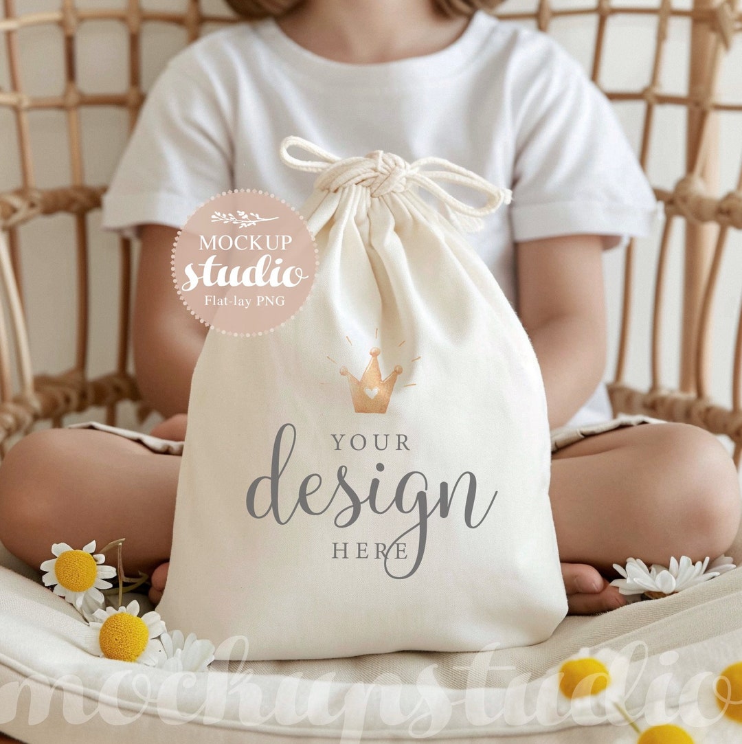 Child's Drawstring Bag Mockup: Canvas Tote, Cream Pouch (PNG Digital ...