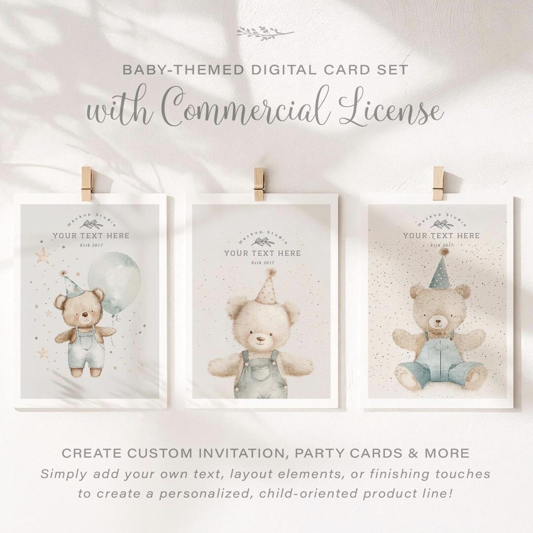 Digital Baby Shower Card Templates, Teddy Bear Illustration Set With ...