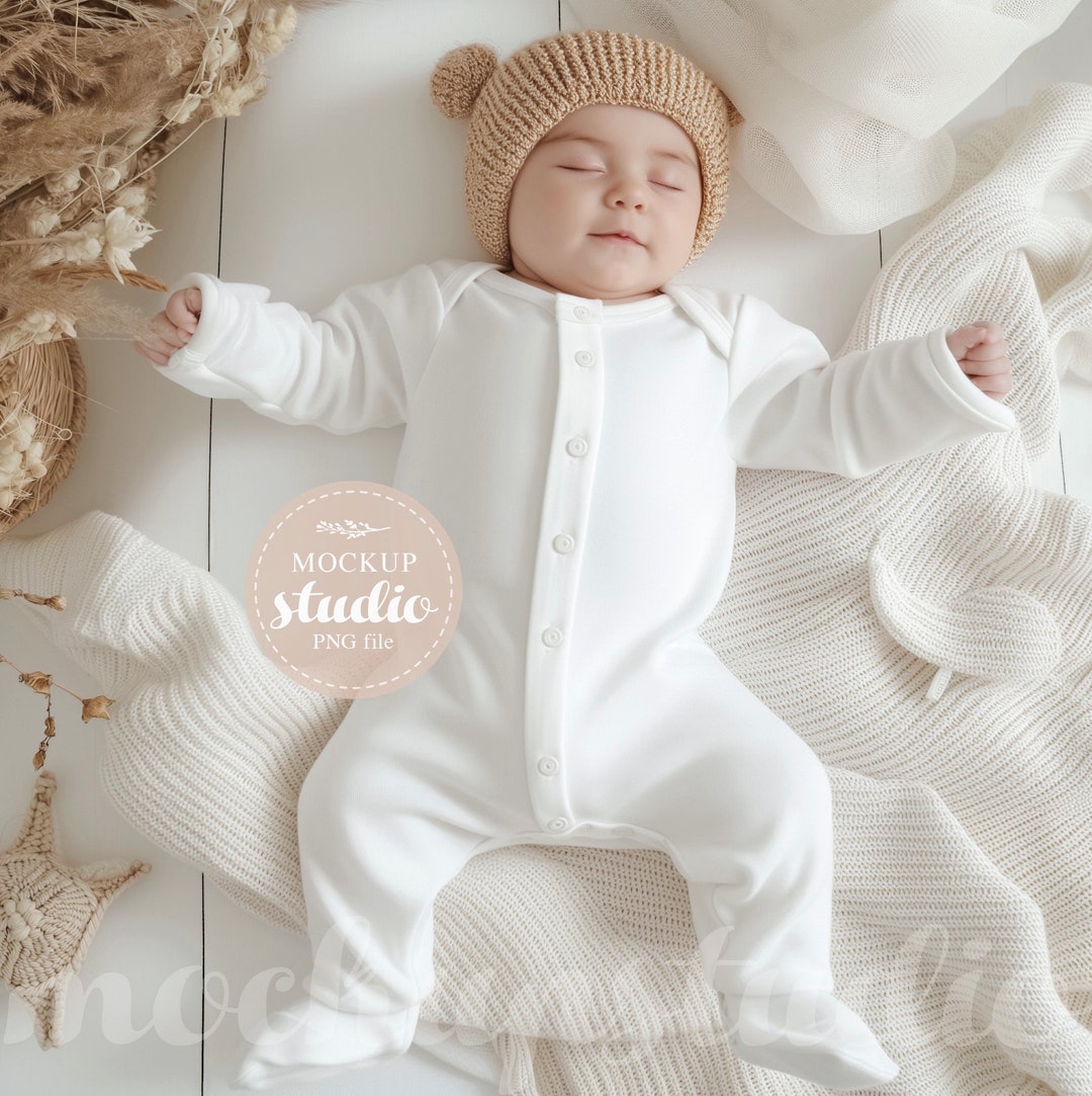 Newborn Photo Prop, Unisex Baby White Sleepsuit Mockup, Neutral Gender ...
