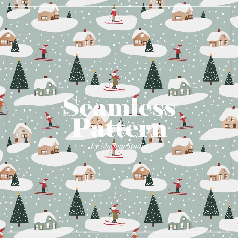 Christmas Seamless Pattern Digital Download, Holiday Ski Village ...