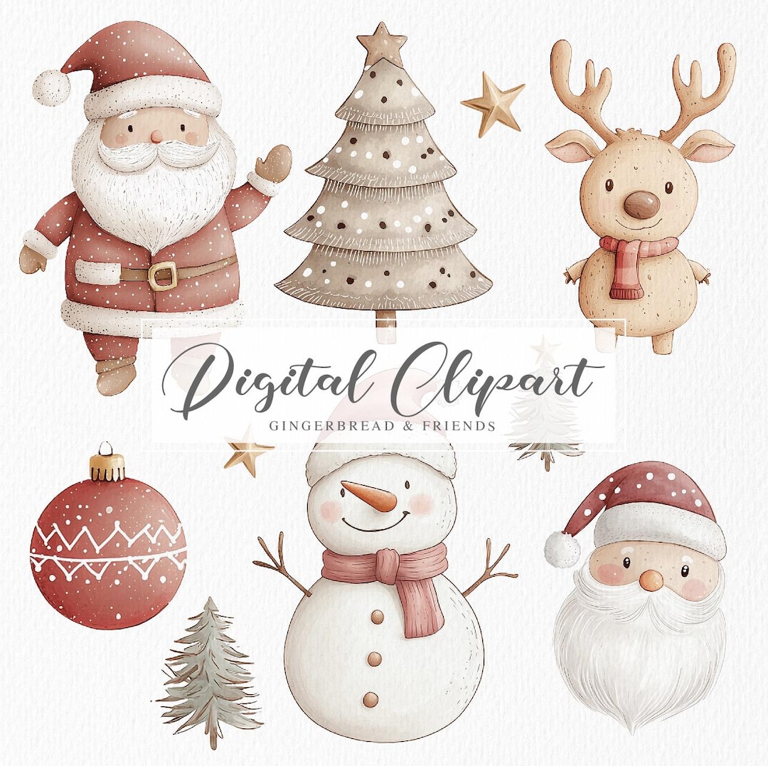 Christmas Clipart Bundle, Santa Reindeer Snowman Holiday Illustrations ...