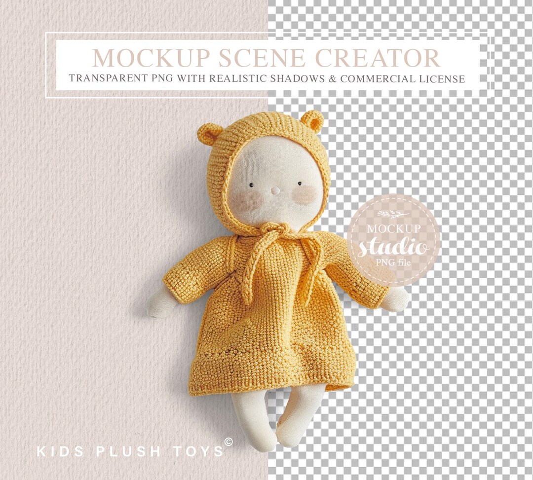 Cute Doll Plush Toy Mockup Scene Creator, Knitted Doll PNG, Commercial ...