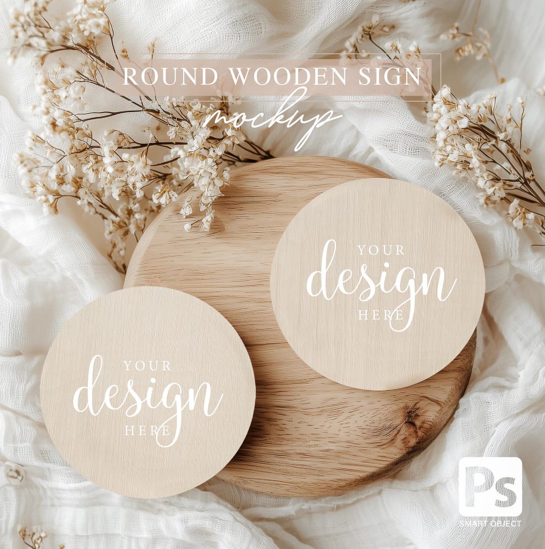Round Wooden Sign MOCKUP, Personalized Wooden Sign PSD Digital Mock-up ...