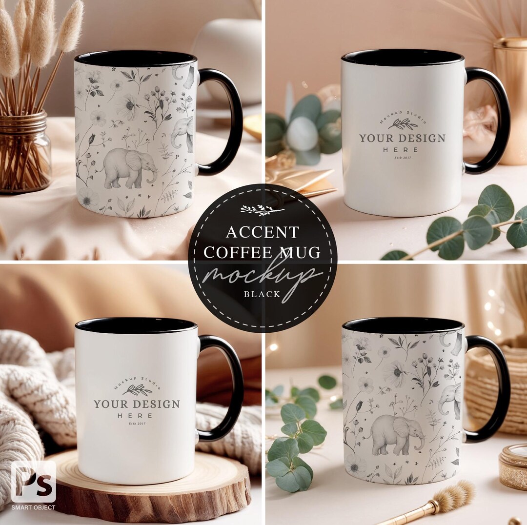 Accent Coffee Mug Mockup Bundle, Black Colored Interior and Handle, 4 ...