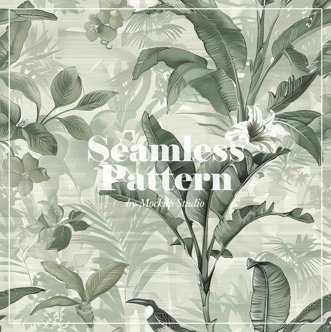 Tropical Jungle Digital Paper, Monochrome Sage Green Seamless Pattern ...