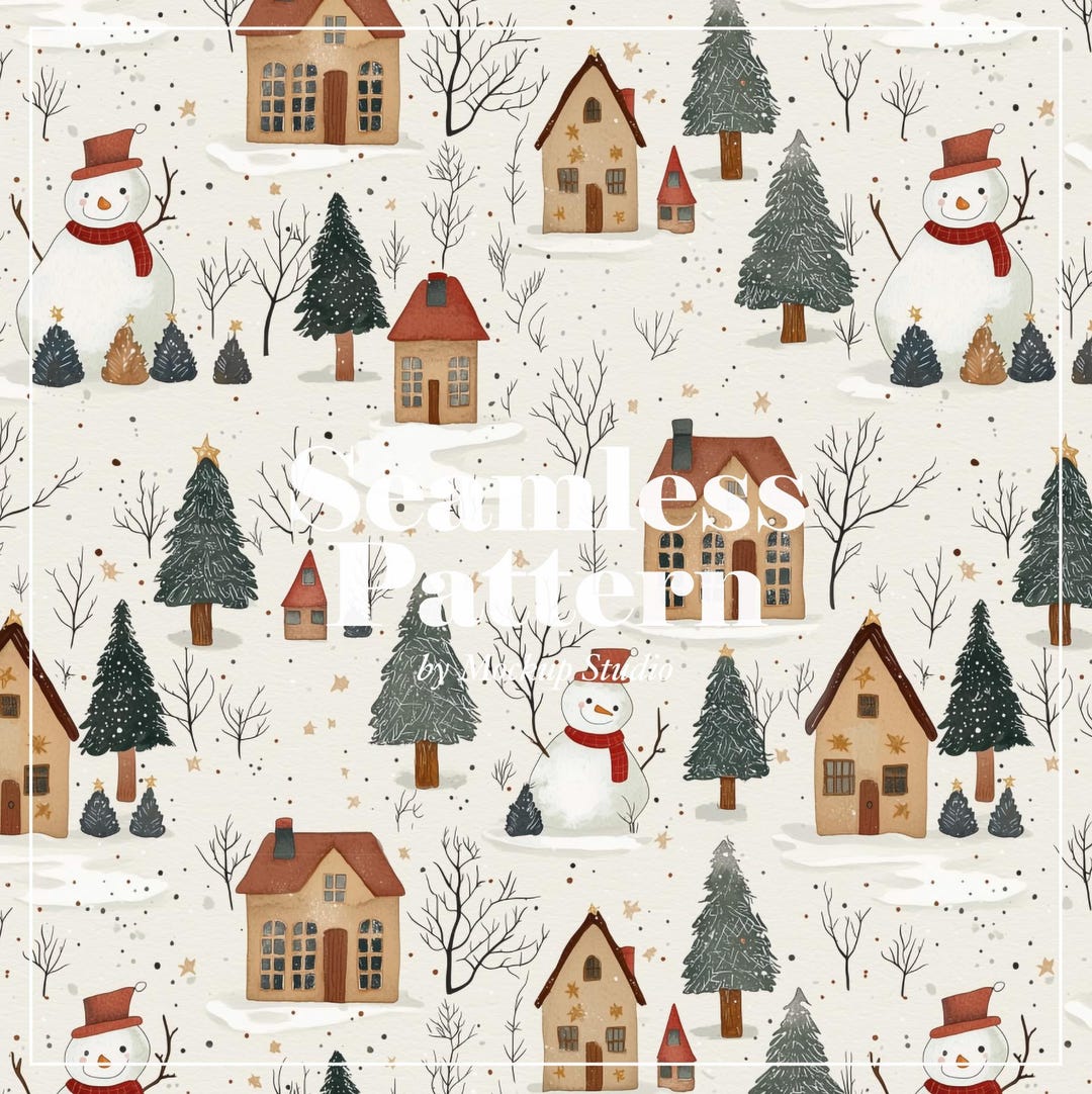 Cozy Winter Snowman and Cabin Christmas Seamless Pattern Digital ...