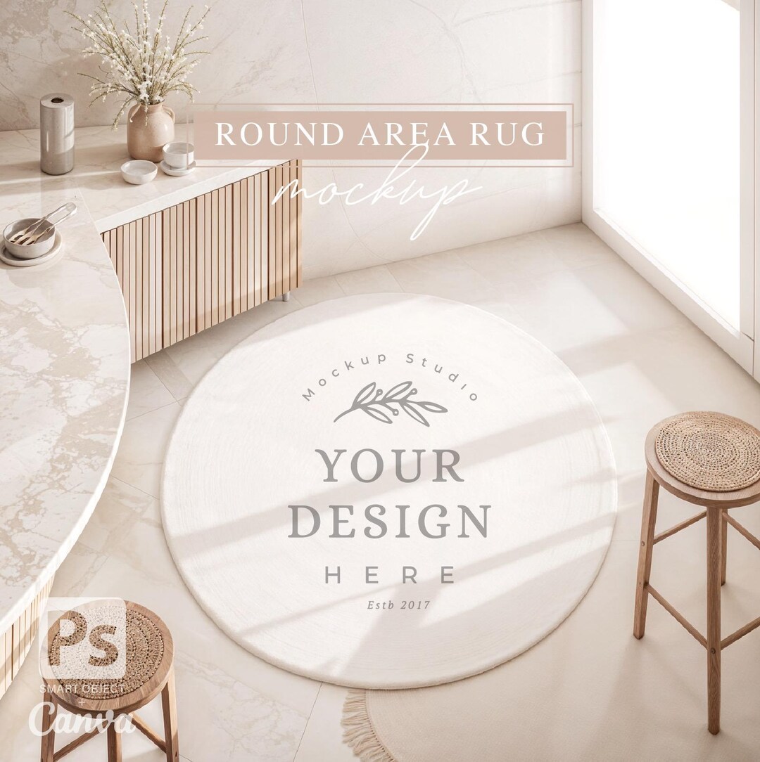 Round Rug Mockup, Cozy Living Room Round Area Rug, Boho Modern Kitchen ...