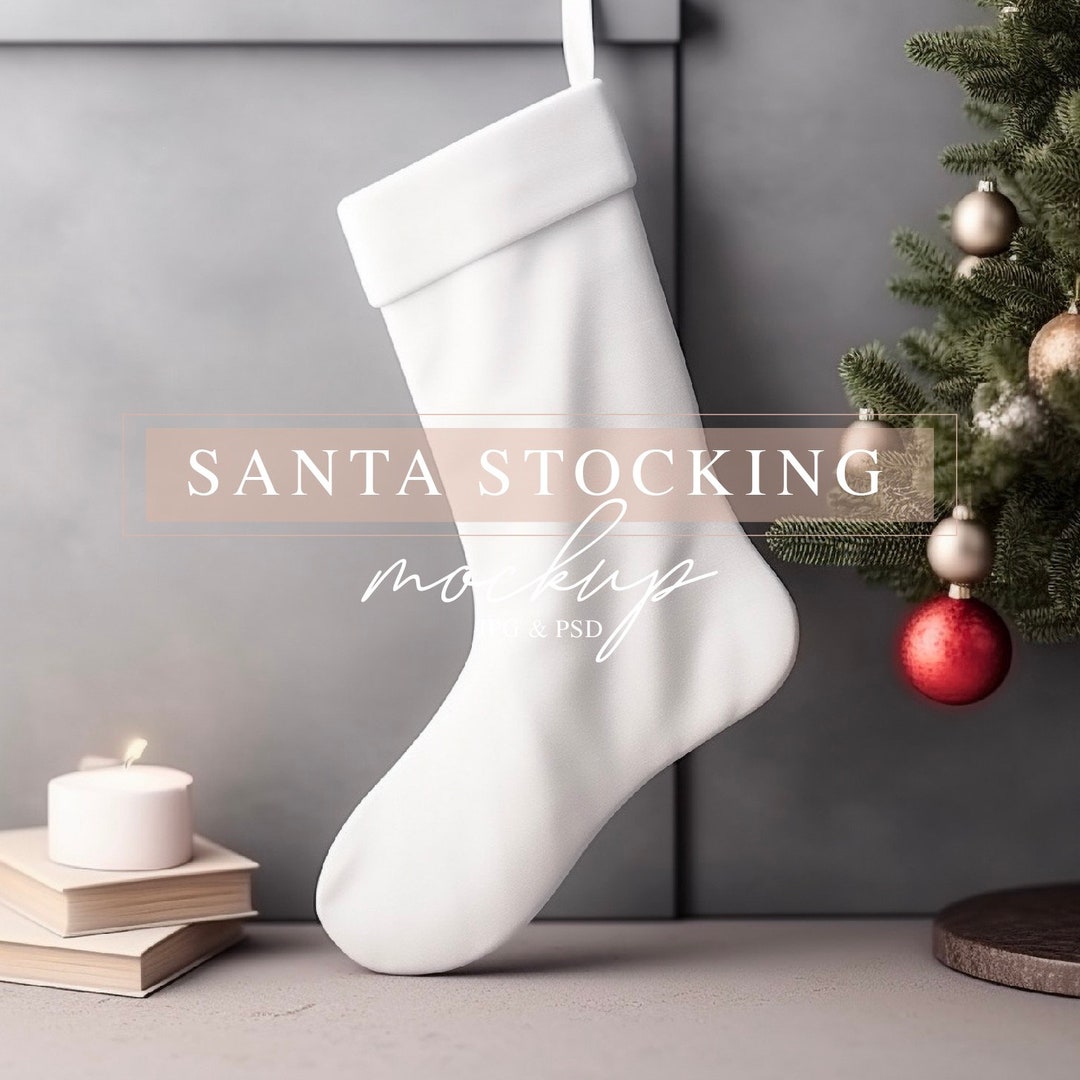 Santa Stocking Mockup, Drawstring White Blank Santa Stocking Bag, PSD ...