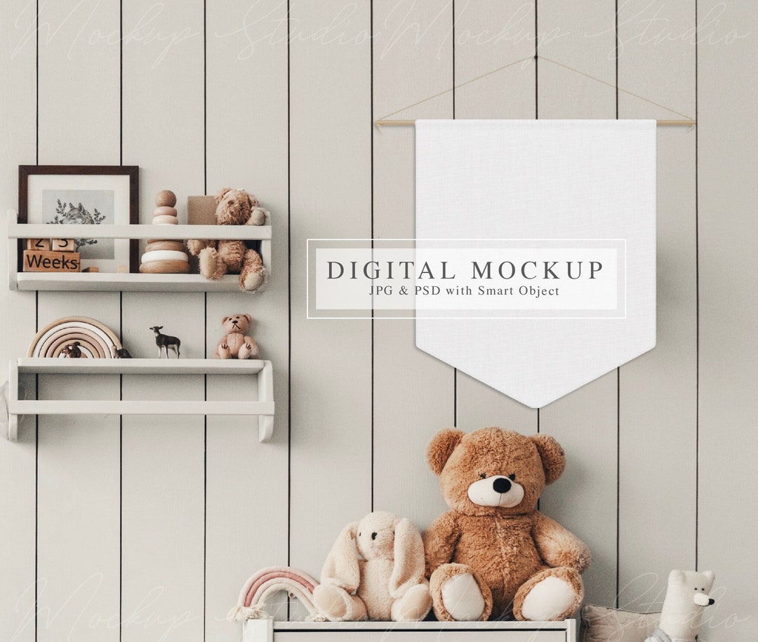 Kids Pennant Mockup, Pennant Flag Mockup, PSD Smart Object, Kids Room ...