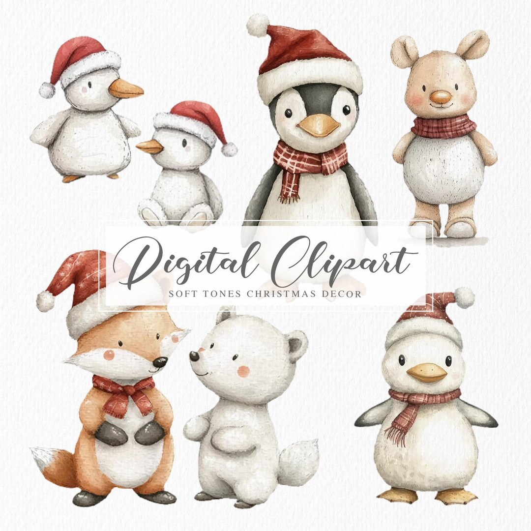 Cute Christmas Animal Clipart Set, Soft Tones Holiday Decor, Digital ...