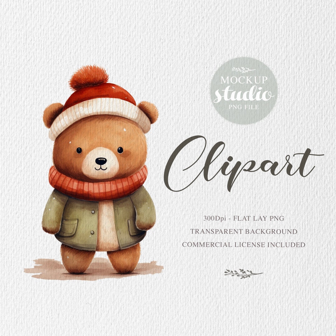 Cute Teddy Bear Clipart, Animals Clipart, Hand Drawn Watercolor Winter ...