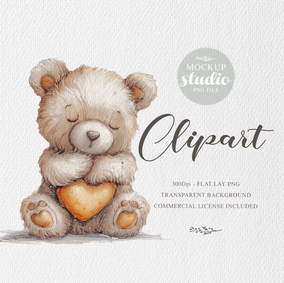 Watercolor Teddy Bear Clipart, Heart, Nursery Art (PNG Digital Download ...