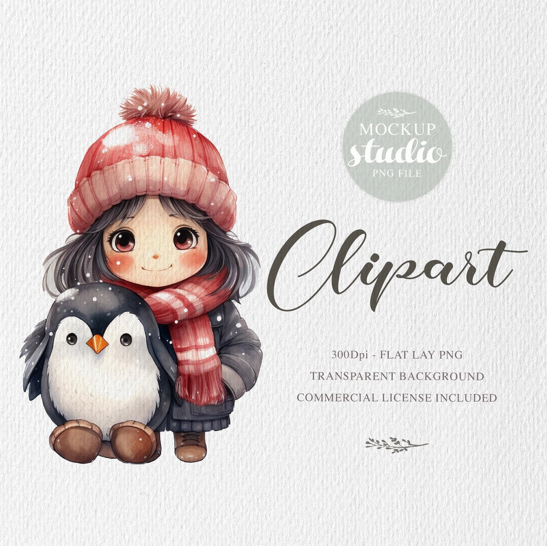 Cute Girl and Penguin Clipart, Winter Clipart, Hand Drawn Watercolor ...