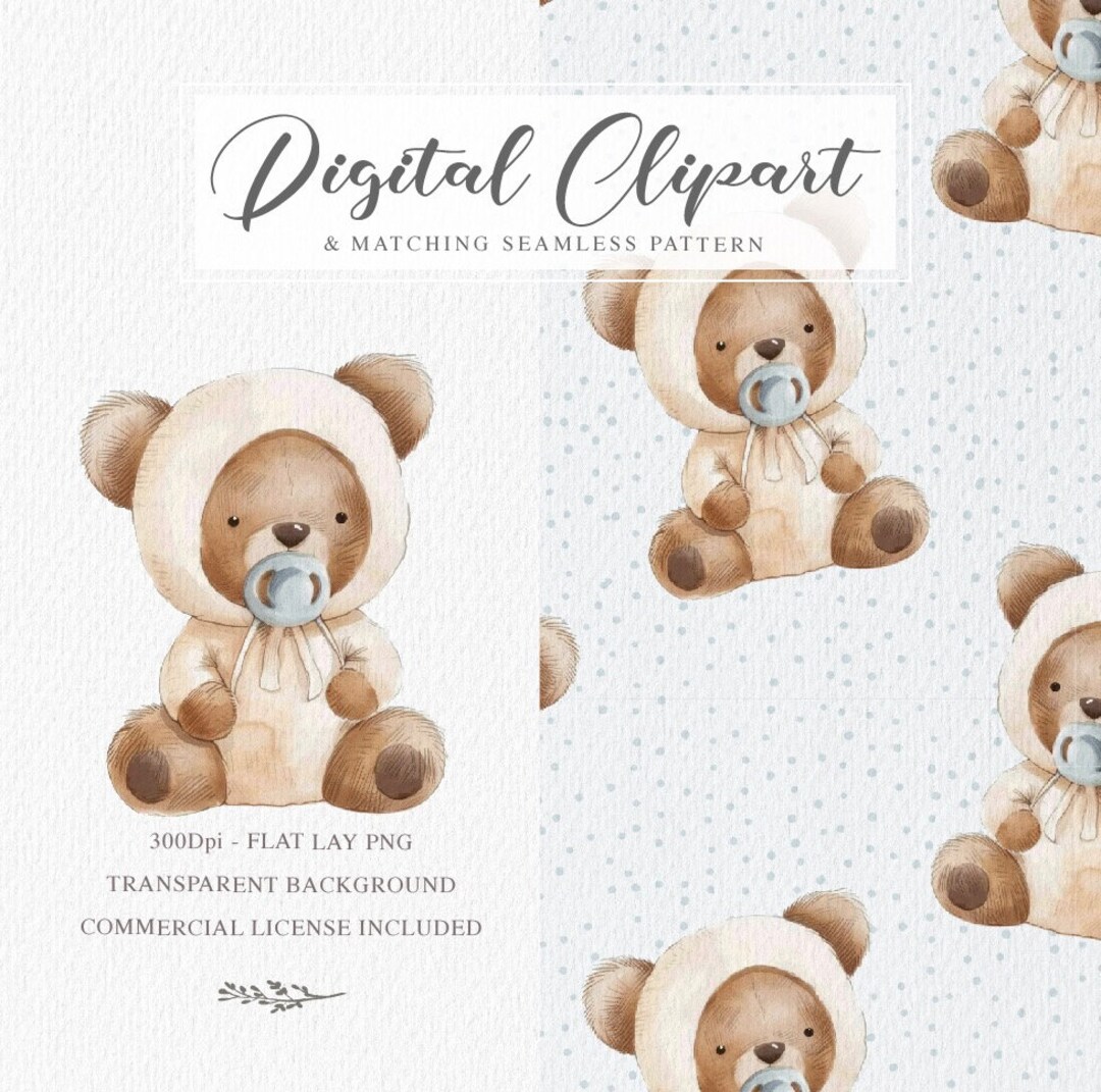 Cute Baby Bear Clipart and Seamless Pattern, Digital PNG, Commercial ...