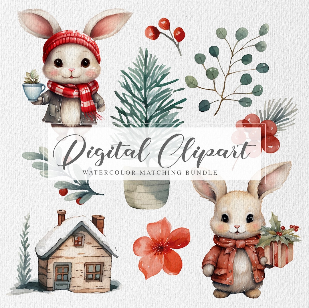 Christmas Bunny Watercolor Clipart Bundle, Holiday Graphics (digital ...