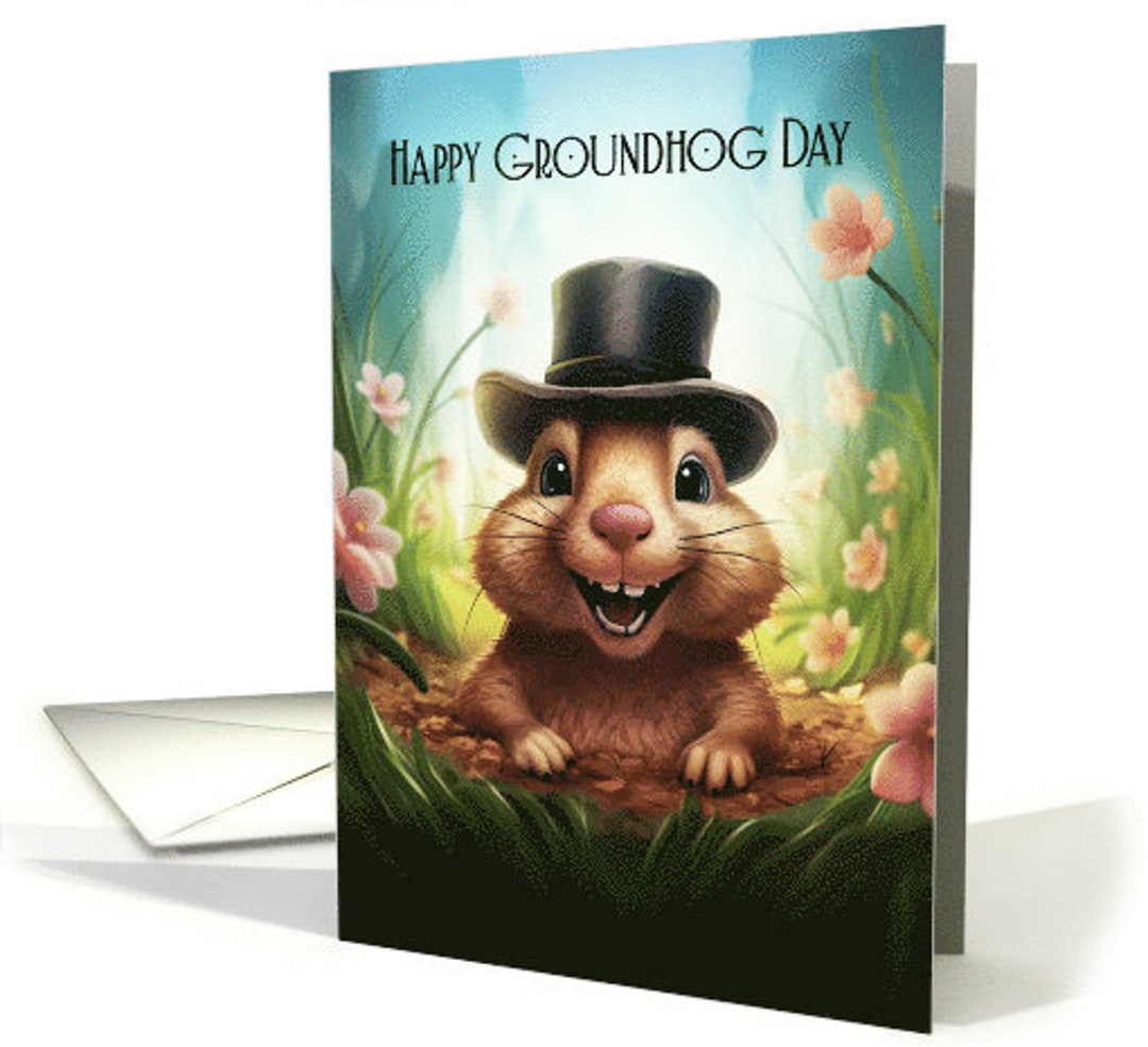 Groundhog Day Greeting Card With Cute Groundhog in Top Hat Card - Etsy