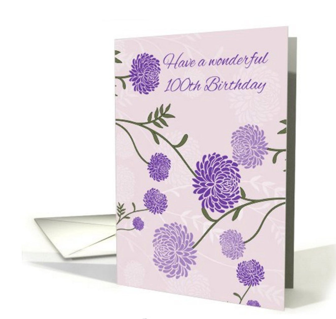 100th Birthday Card With Purple Flowers | Purple Floral Birthday Card ...