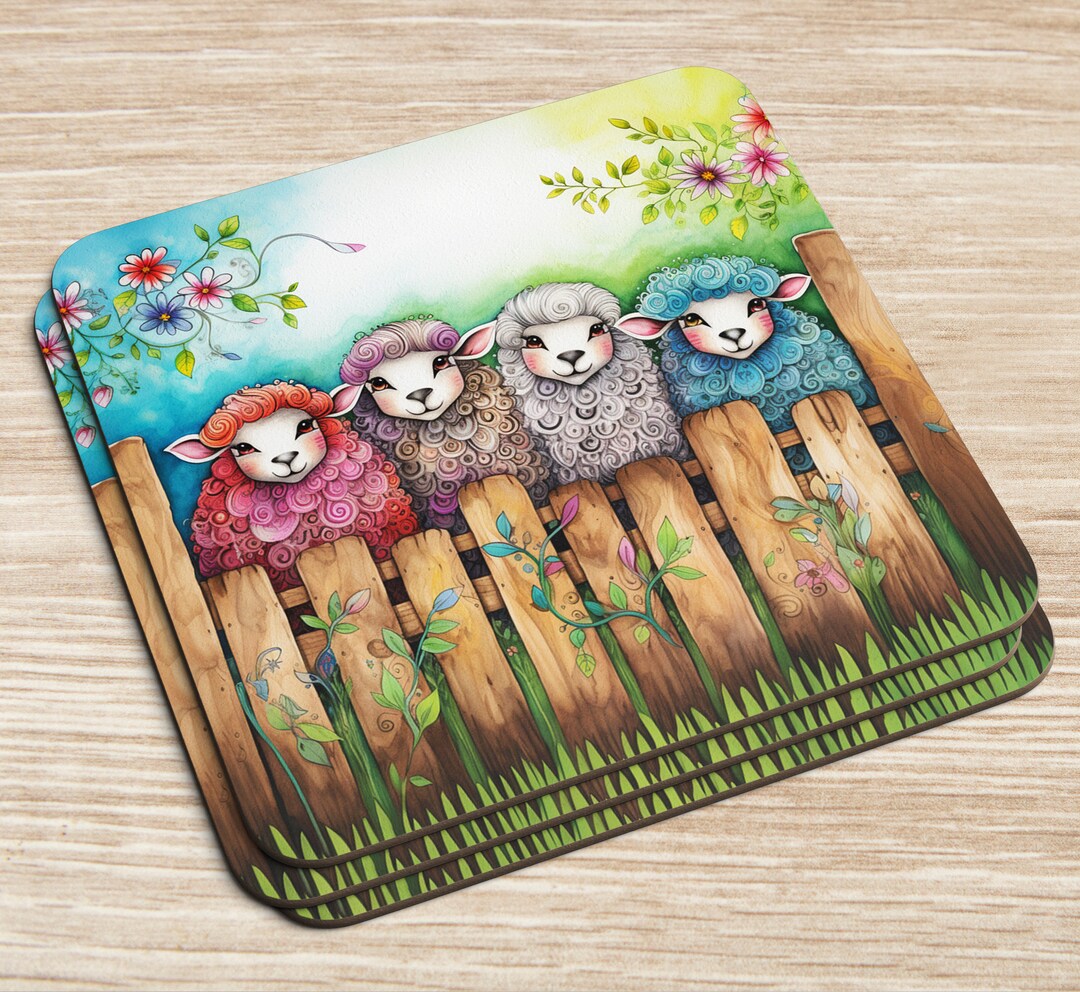 4 Sheep on a Fence, Cute Drinks Coaster, in 4's or Singles | Home Gift ...