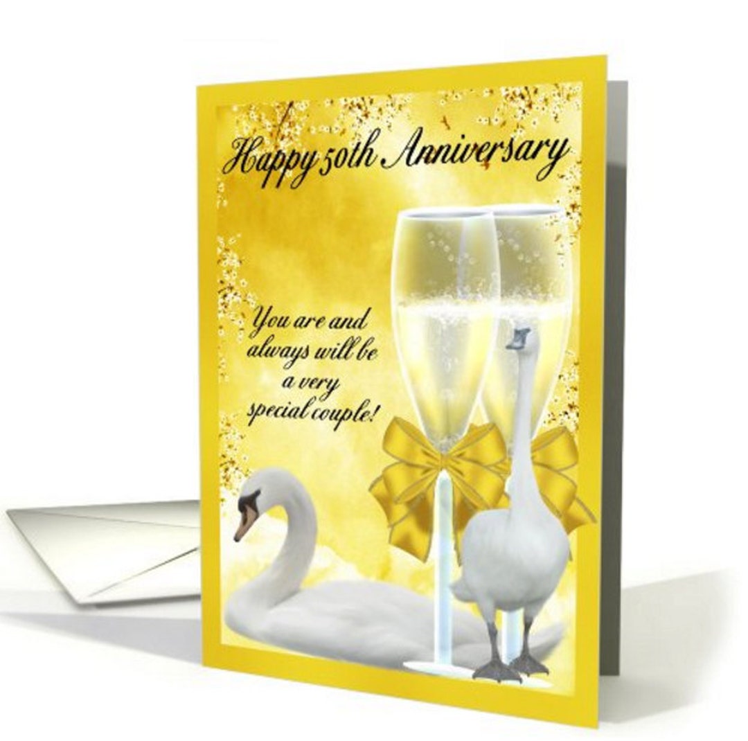 50th Anniversary Golden Anniversary Card With Swans Champagne And 50th Anniversary Golden Anniversary Card With Swans Champagne And