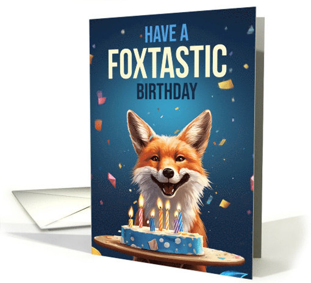 Fox Birthday With Cake Candles and Ticker Tap Play on Words Foxtastic ...