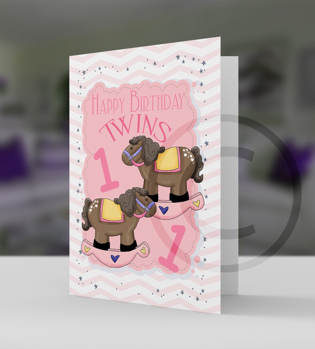 Twins First Birthday Card Two Rocking Horses on a Zig Zag Background ...