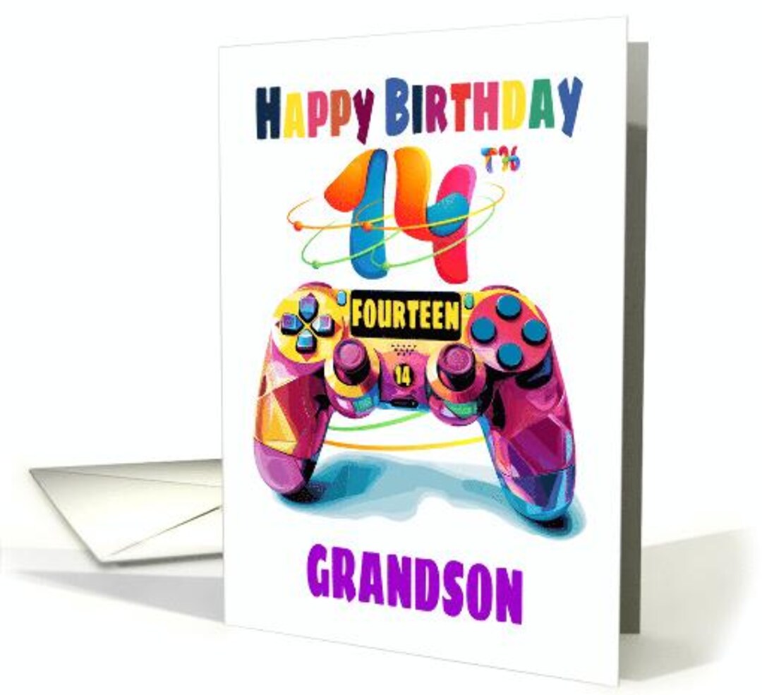 Grandson 14 Year Old Birthday Gamer Controller Abstract Tones Card With ...