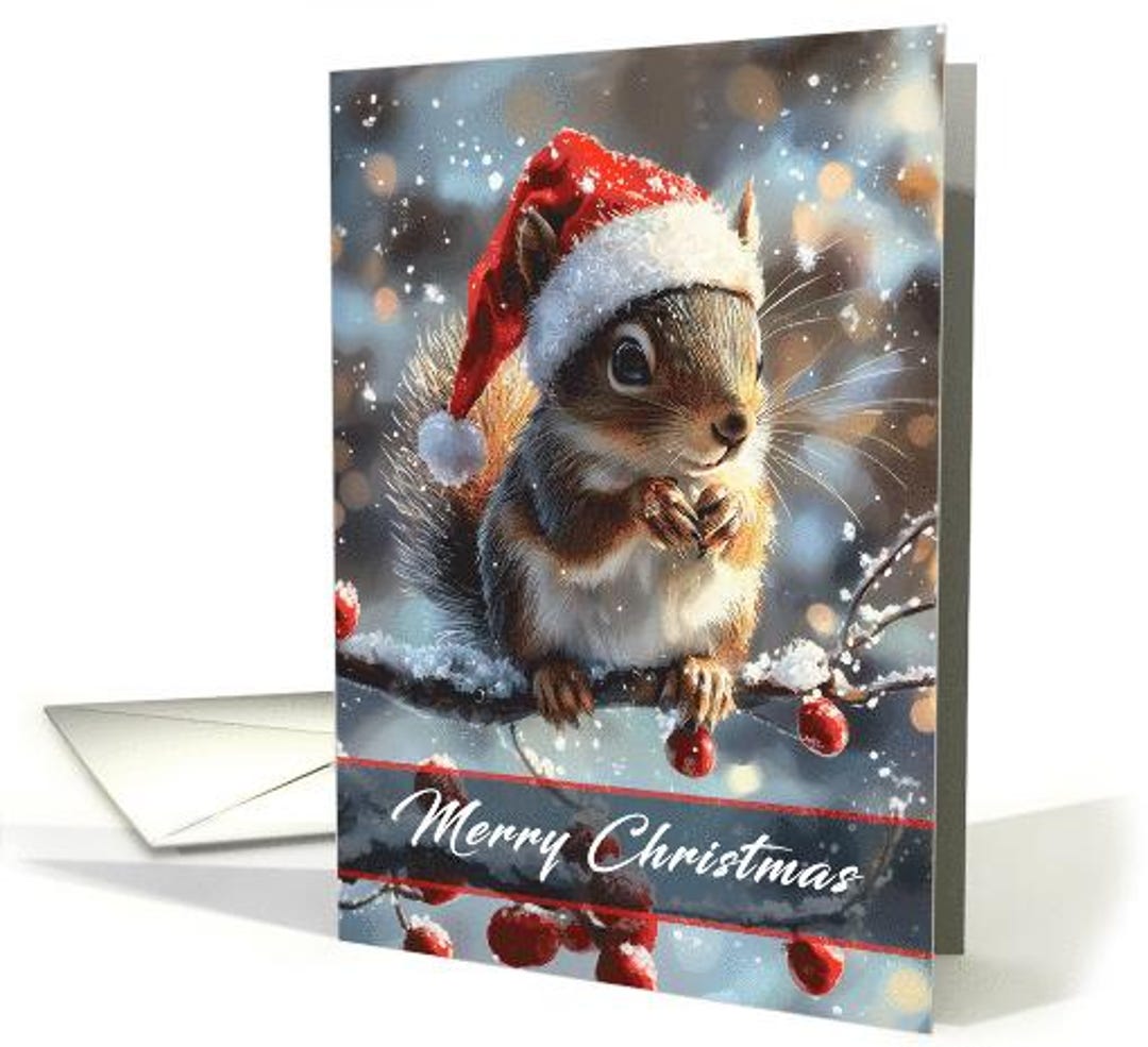 Squirrel Wearing a Santa Hat Holding Winter Scene Merry Christmas Card ...